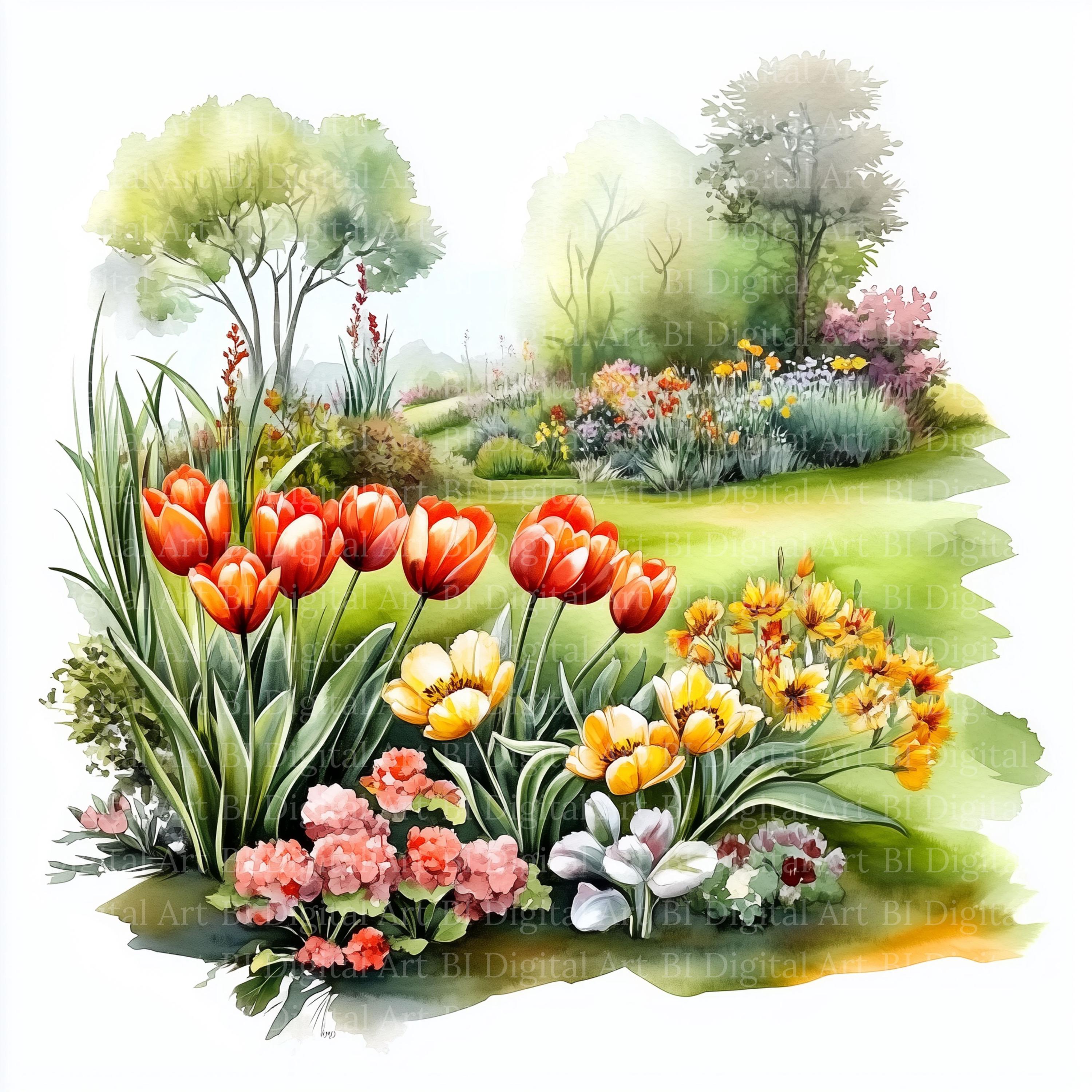10 Spring Garden Clipart, Watercolor Flower Garden, Printable Files ...