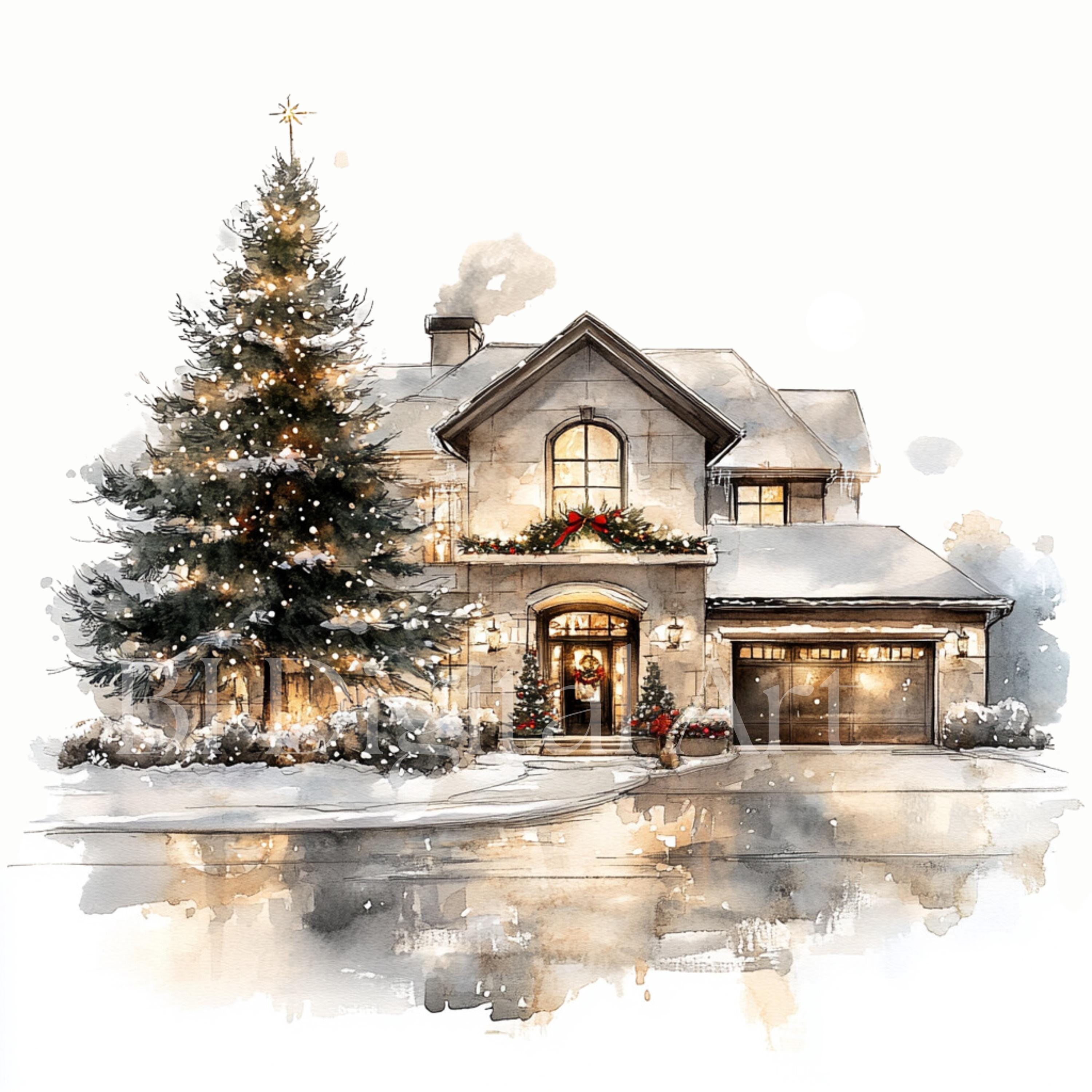 10 Winter House Clipart, Watercolor Winter Homes Clipart, Christmas ...