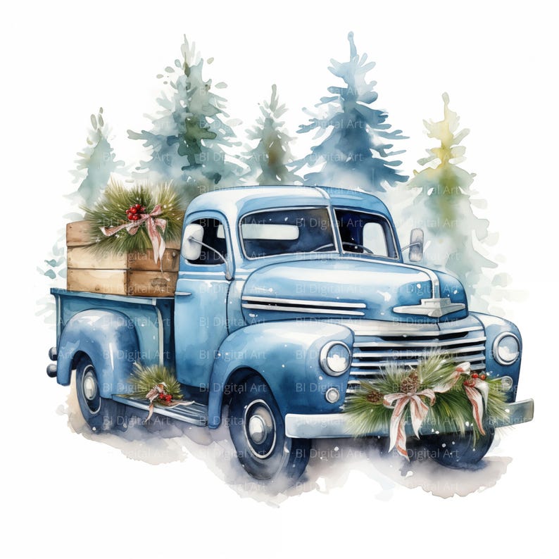 16 Christmas Car Cliparts – Festive Pickup With Trees and Gifts ...