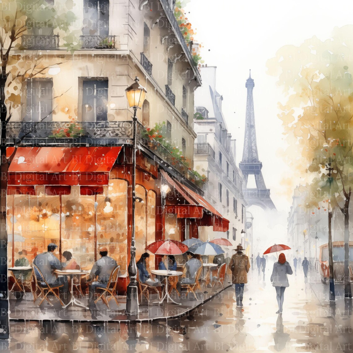 7 Paris Rain Café Cliparts, Eiffel Tower Illustrations, Watercolor ...