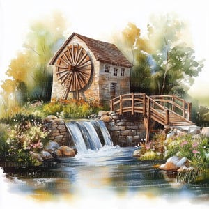 10 Watercolor Watermill Clipart, Landscape & Nature Illustrations ...