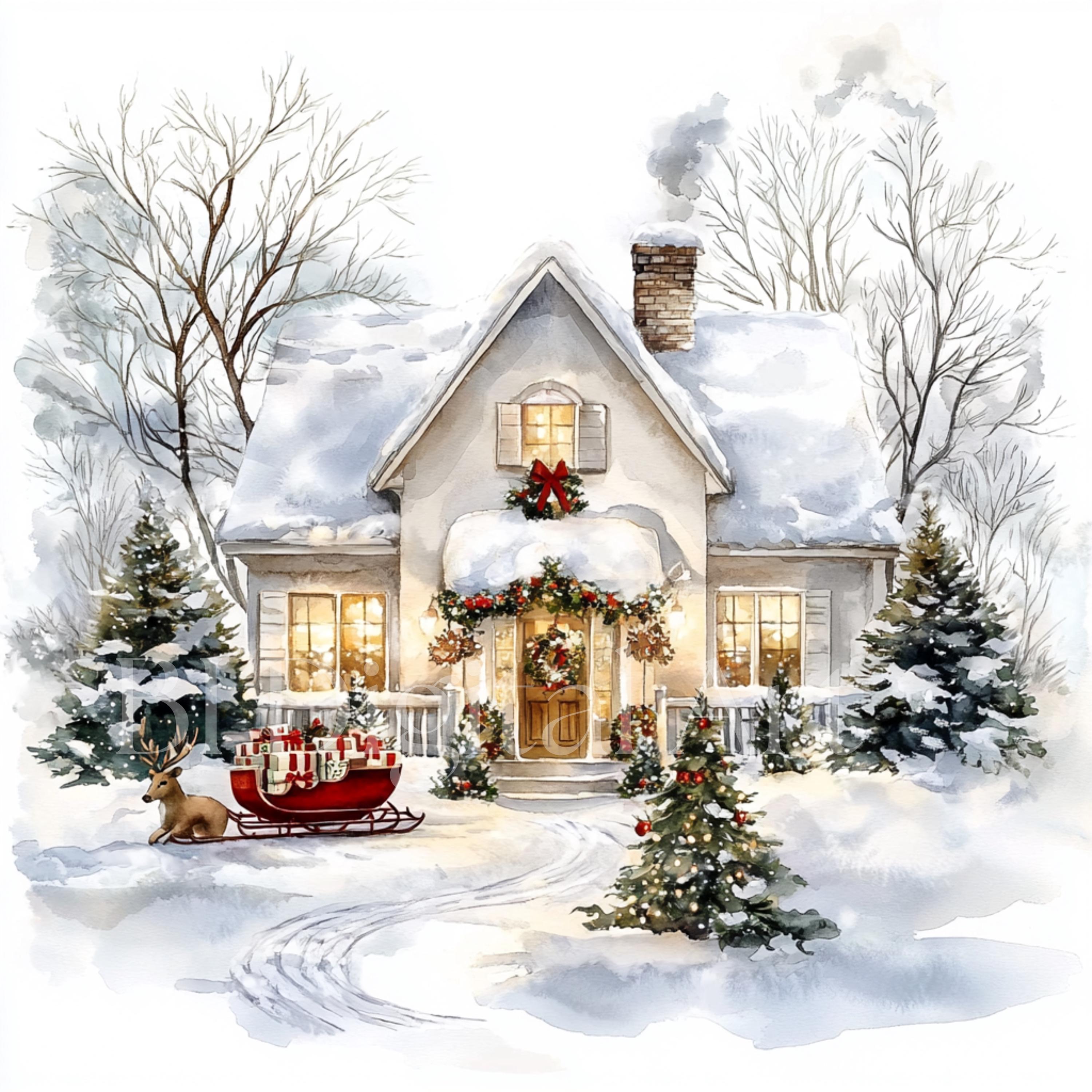 10 Winter House Clipart, Watercolor Winter Homes Clipart, Christmas ...