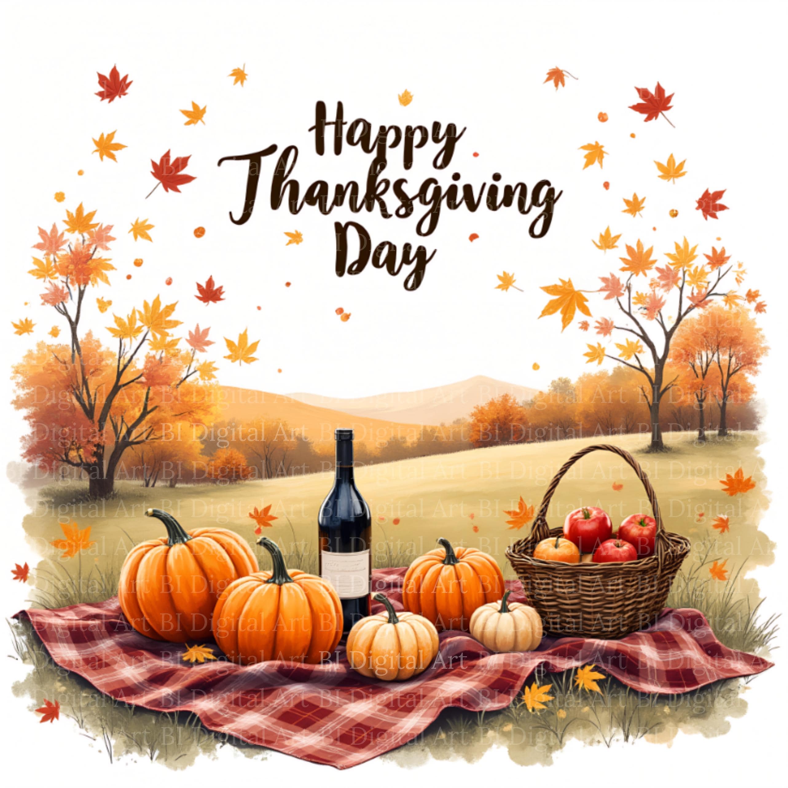 12 Happy Thanksgiving Day Cliparts – Watercolor Autumn Picnic & Harvest ...