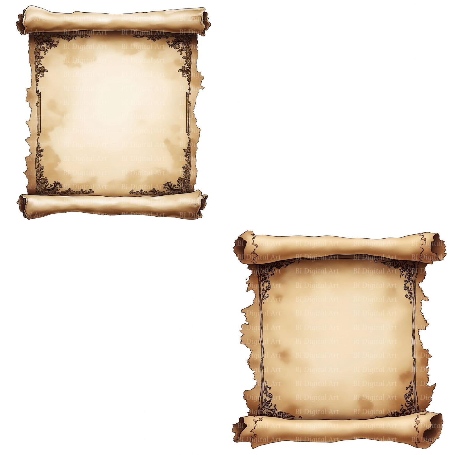 12 Vintage Scroll Paper Cliparts, Medieval Watercolor Scrolls ...