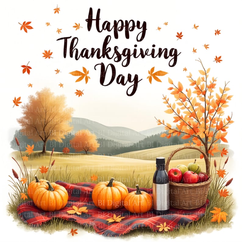 12 Happy Thanksgiving Day Cliparts – Watercolor Autumn Picnic & Harvest ...