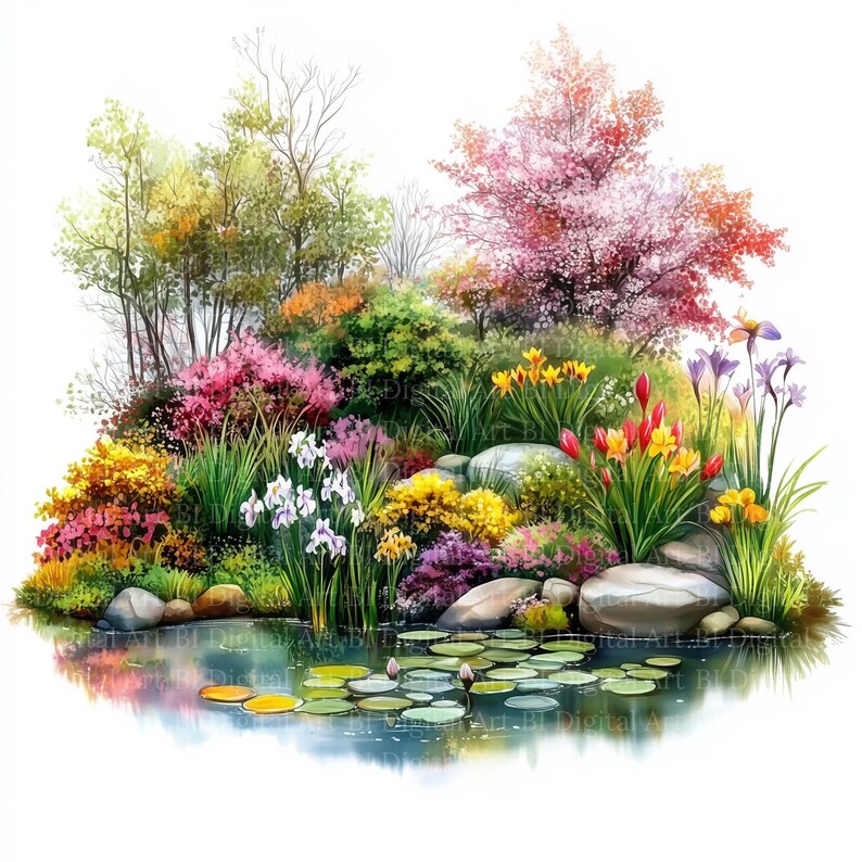 12 Garden Pond Clip Art – Spring Garden Watercolor Landscapes, Garden ...