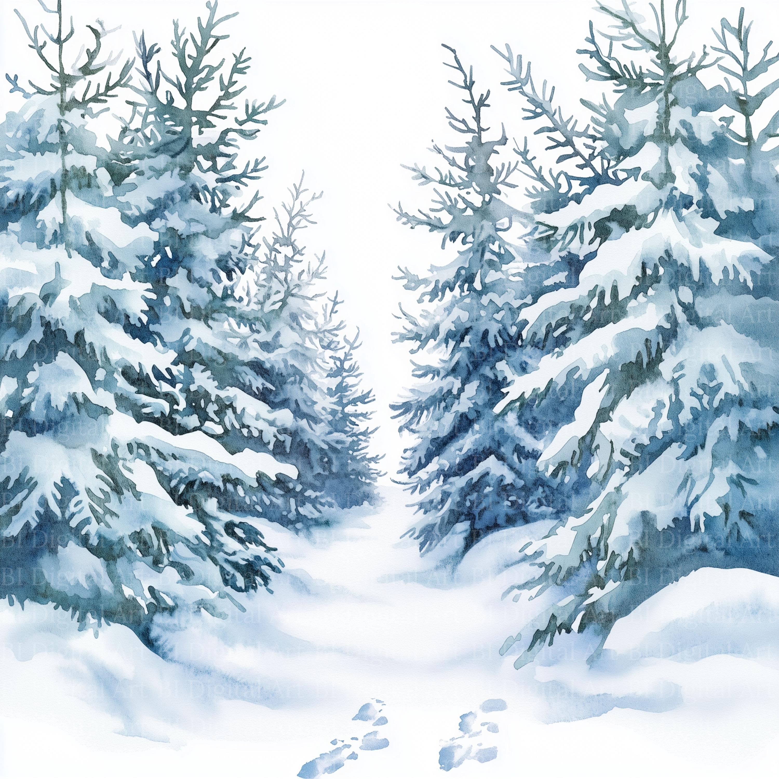 12 Winter Forest Path Cliparts, Watercolor Winter Forest, Snow-covered ...
