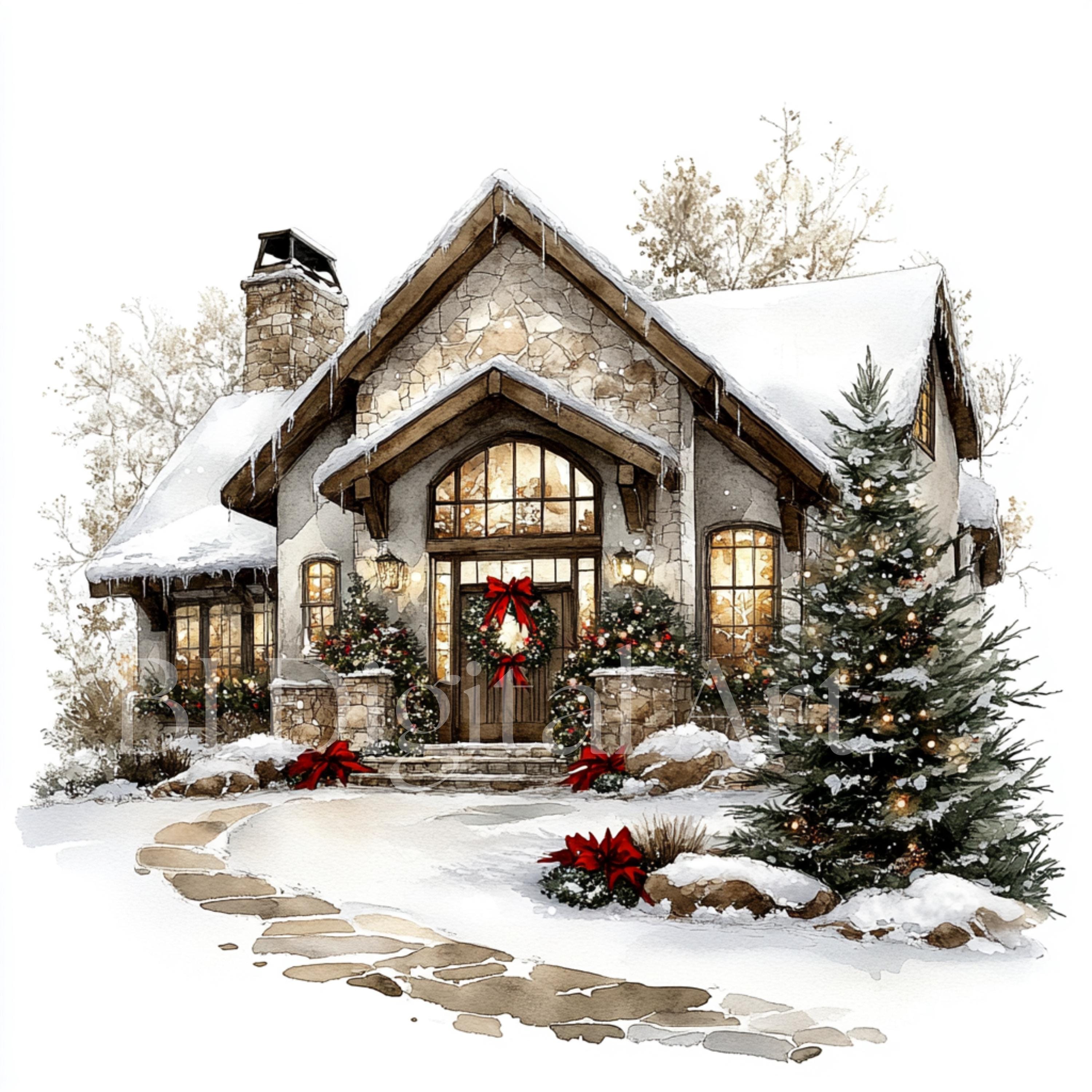 10 Winter House Clipart, Watercolor Winter Homes Clipart, Christmas ...
