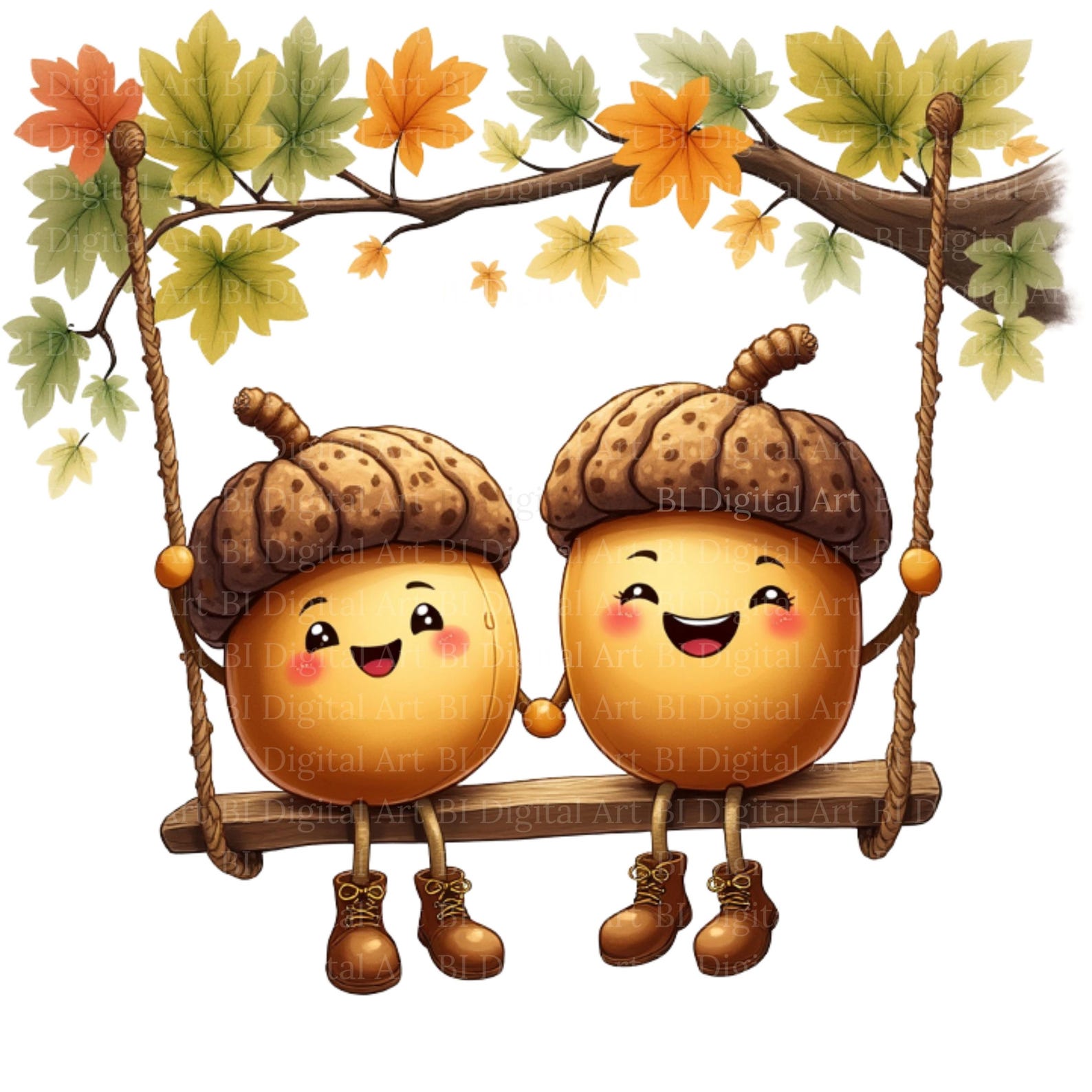 10 Funny Acorns Cliparts, Watercolor Autumn Acorn Illustrations, PNG ...