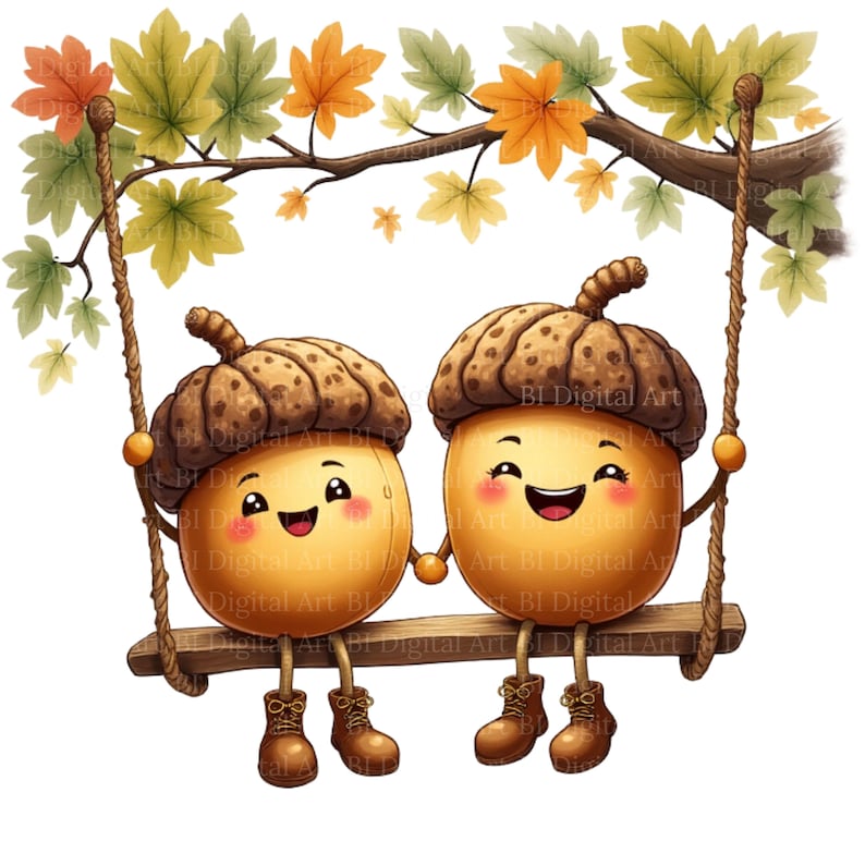 10 Funny Acorns Cliparts, Watercolor Autumn Acorn Illustrations, PNG ...