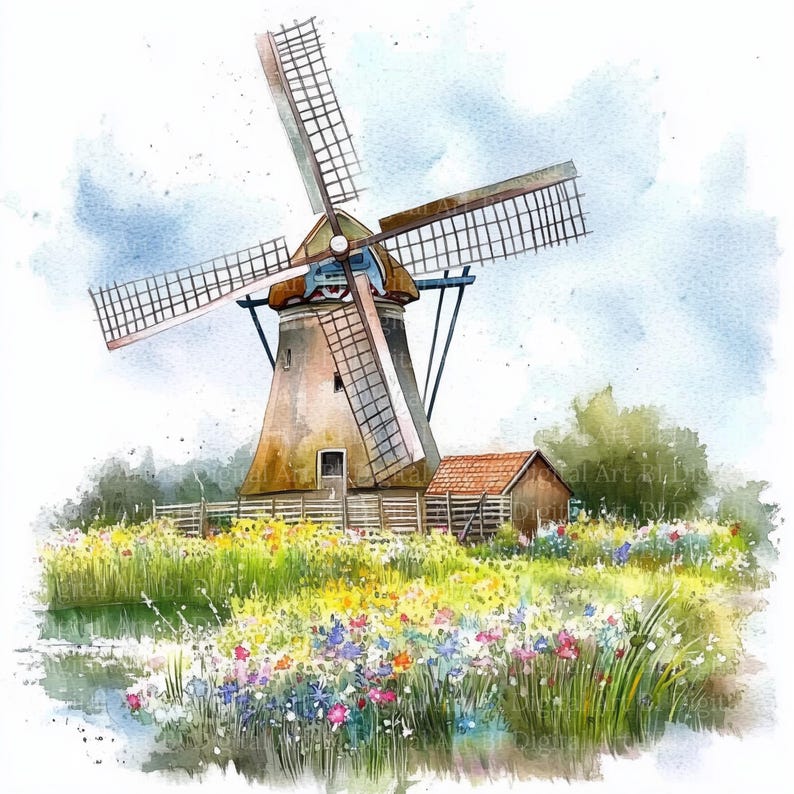 8 Watercolor Windmill Cliparts, Landscape With Windmill Illustrations ...