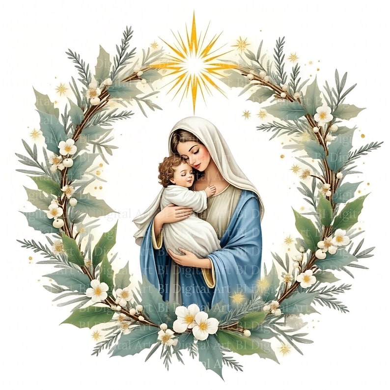 10 Nativity Christmas Wreath Cliparts – Watercolor Illustrations With ...