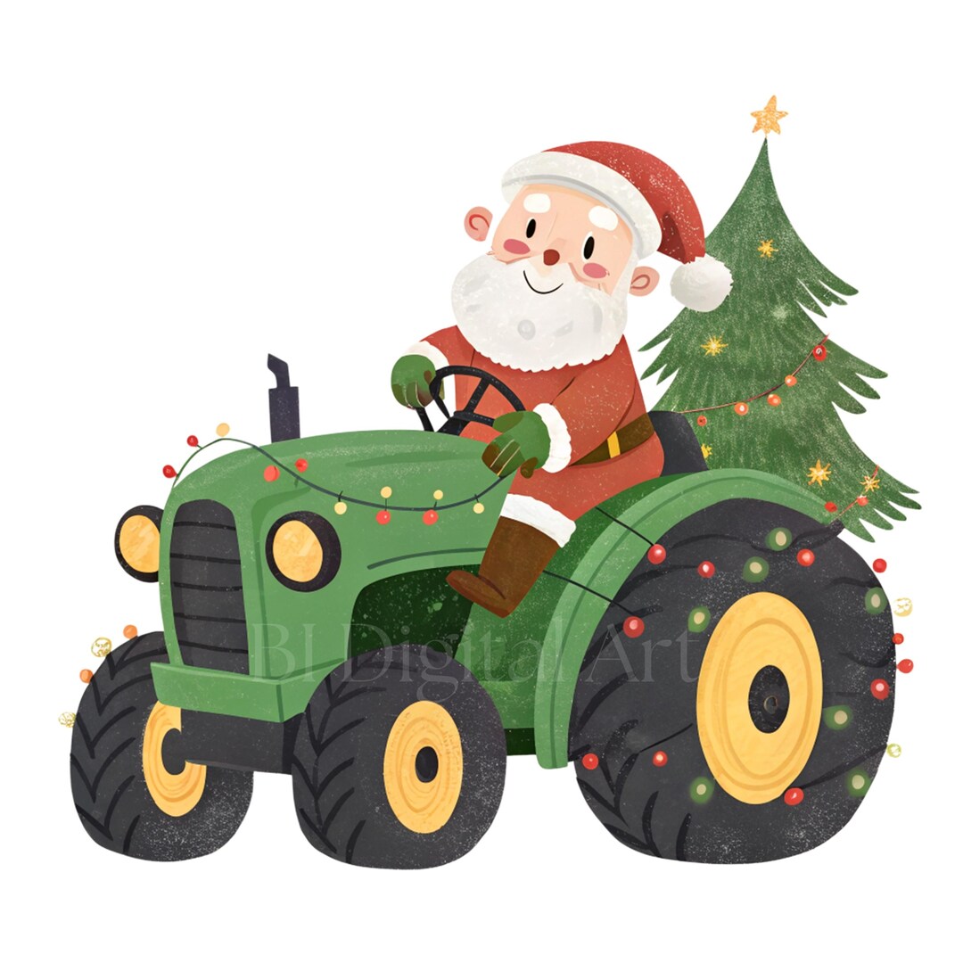 Green Christmas Tractor With Santa Claus Clipart, PNG Sublimation ...