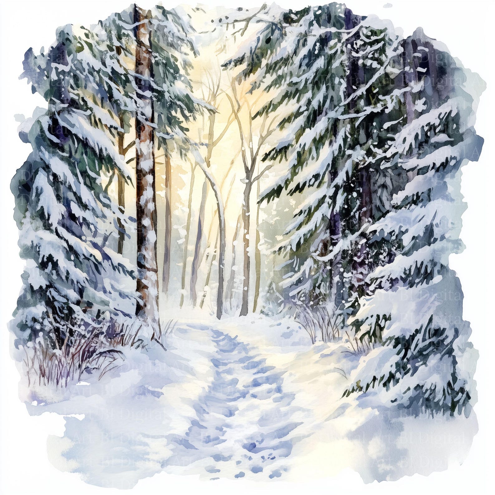 12 Winter Forest Path Cliparts, Watercolor Winter Forest, Snow-covered ...