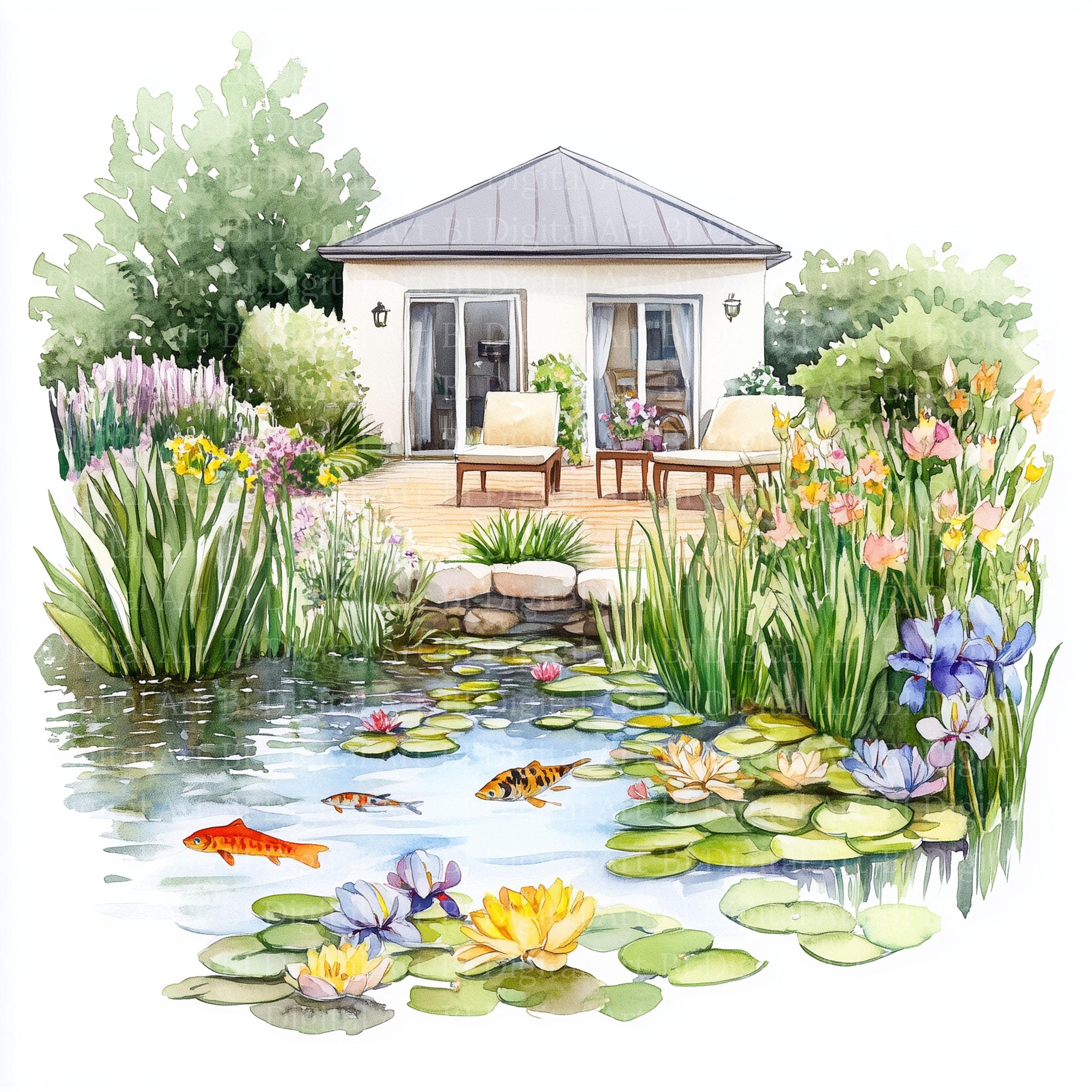 Garden Pond With Bridge and Terrace – 10 Garden Cliparts With Pond ...