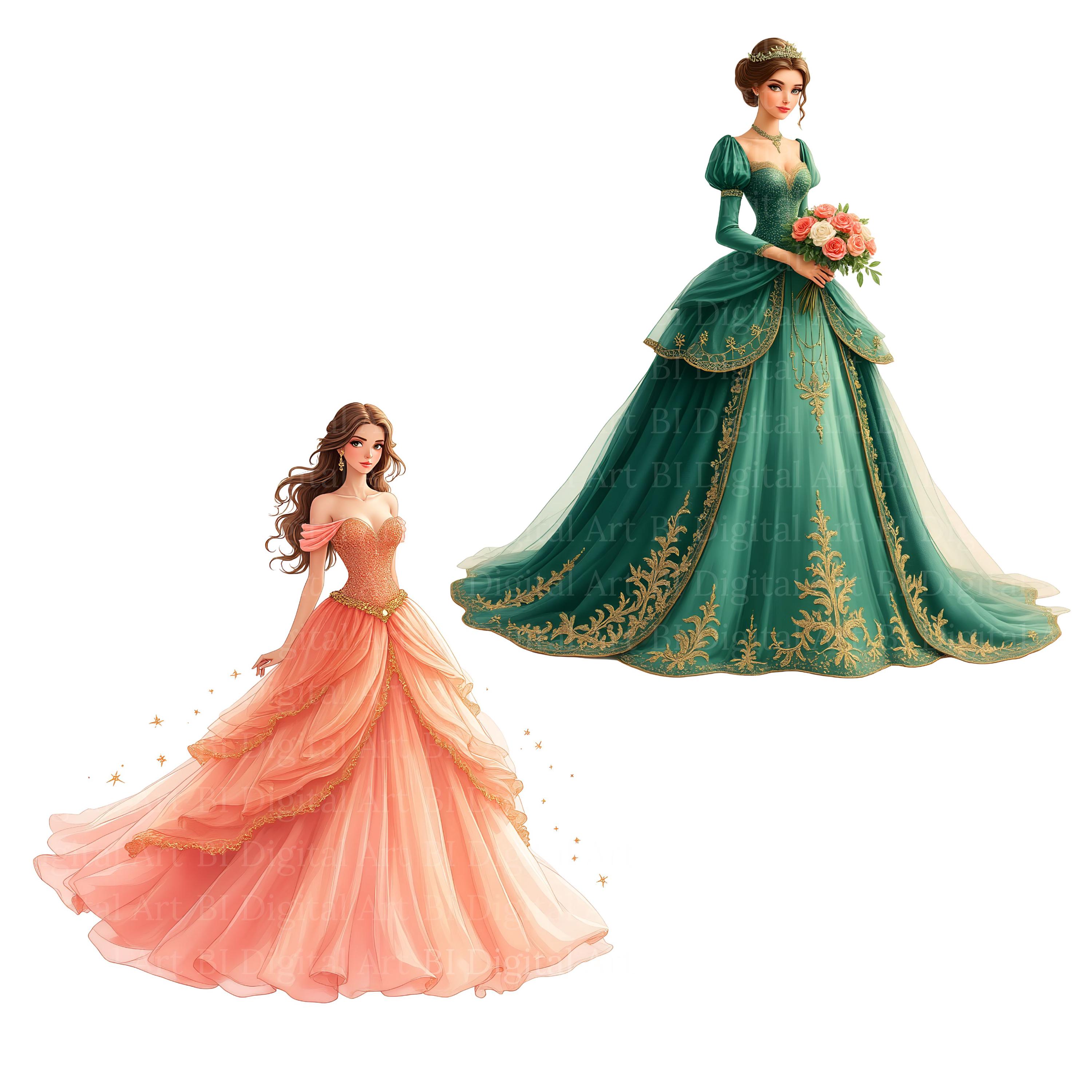 18 Princess Cliparts, Fairytale Princesses in Colorful Gowns, Printable ...
