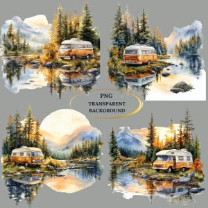 Vintage Camper-van in the Mountains Clipart, Watercolor Retro Camper ...