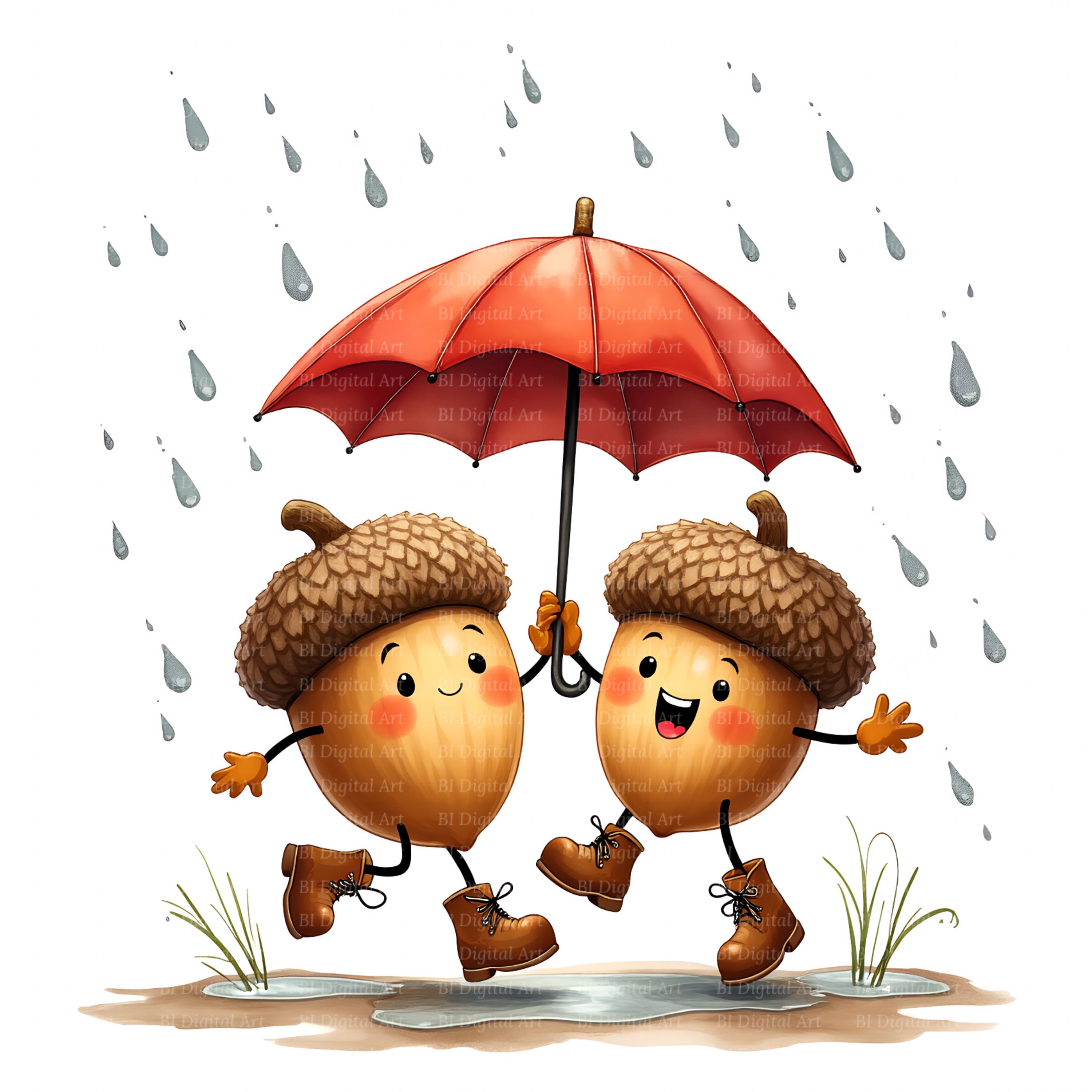 10 Cute Acorns in Rain Cliparts, Cartoon Fall Acorns, Printable Nursery ...