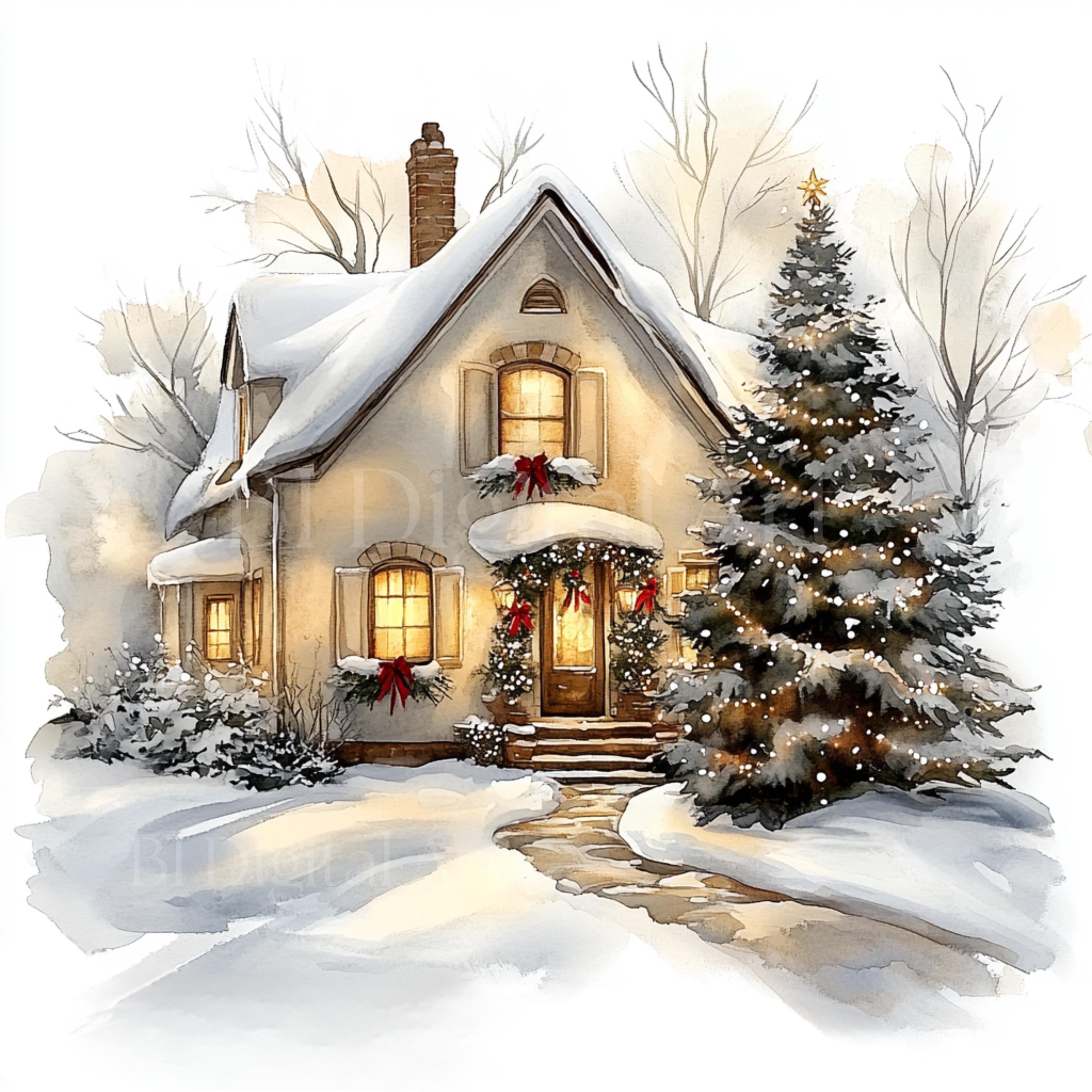 12 Winter House Clipart, Watercolor Winter Homes Clipart, Christmas ...