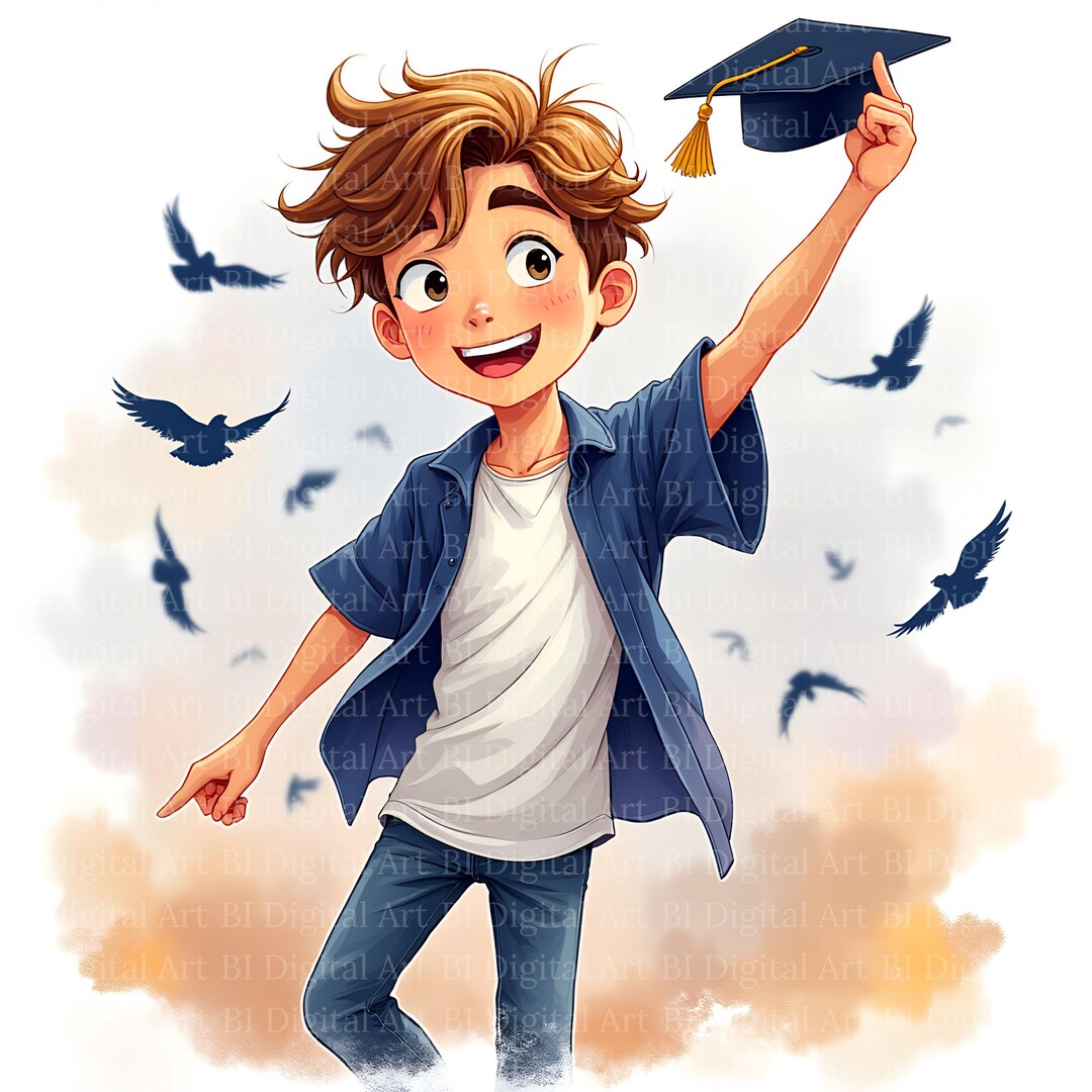 10 Cartoon Graduation Boy Cliparts, Watercolor Illustrations for High ...