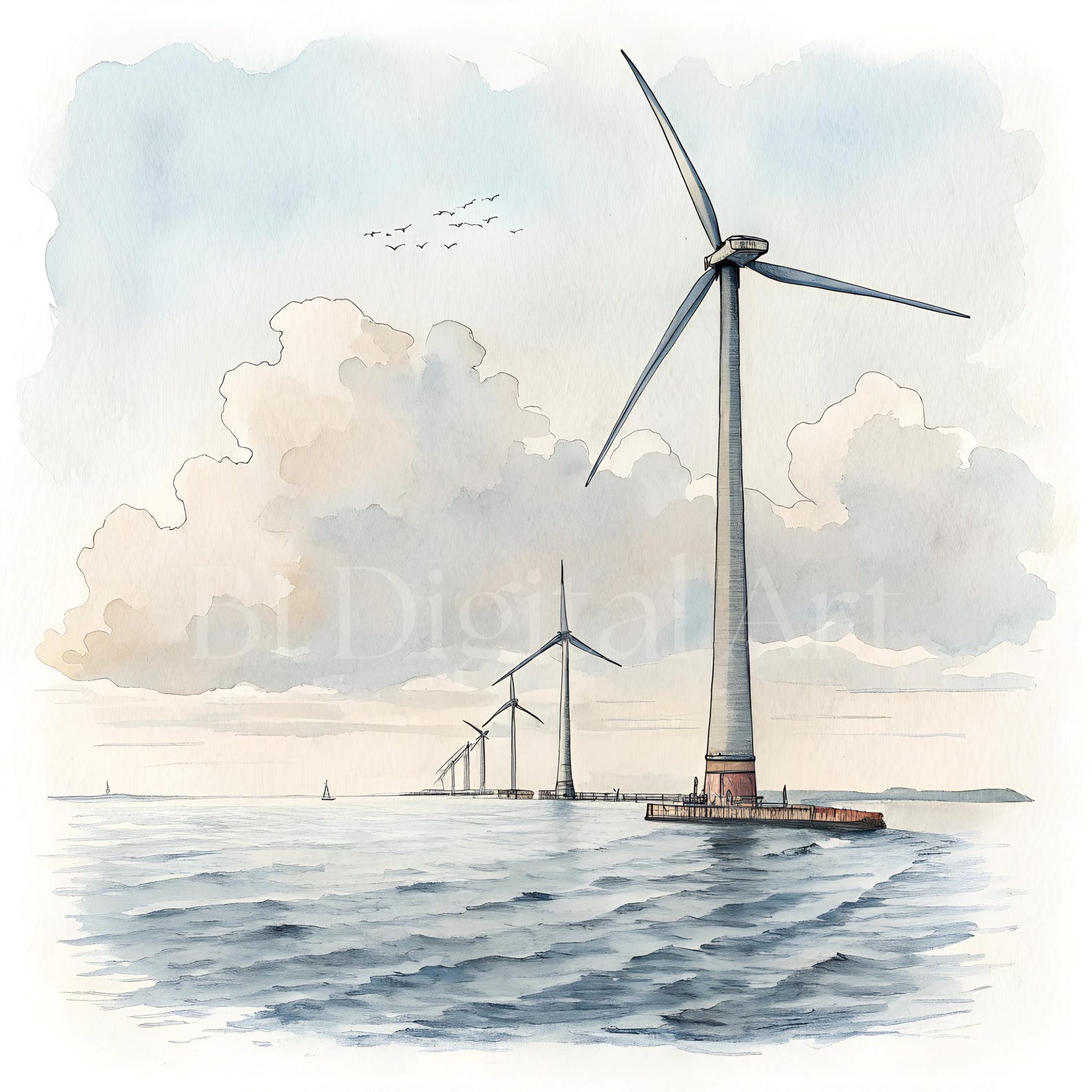 12 Offshore Wind Farms – Wind Turbine Cliparts, Watercolor Wind ...