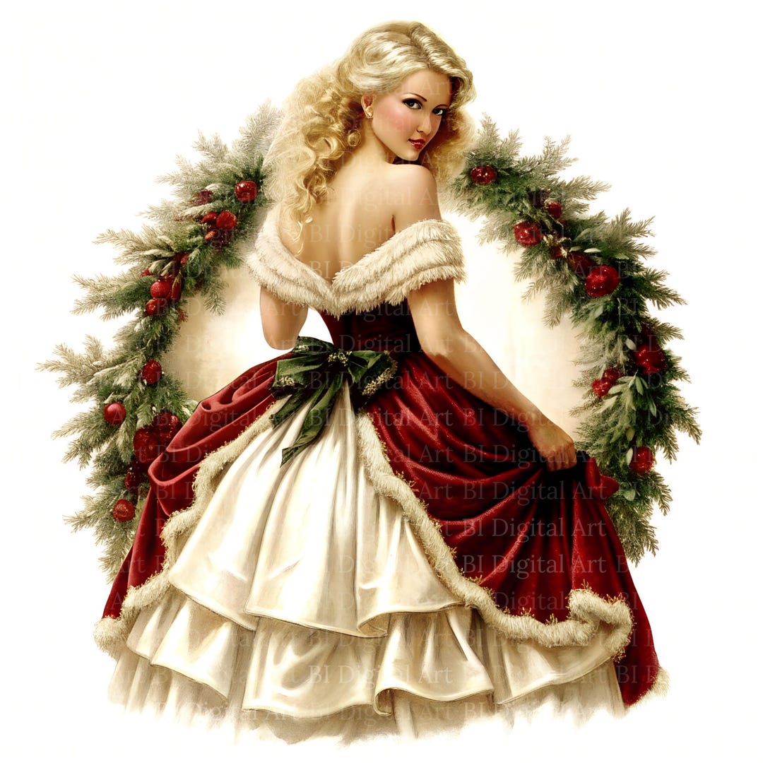 10 Vintage Christmas Lady Cliparts – Elegant Retro Women in Red Dresses ...