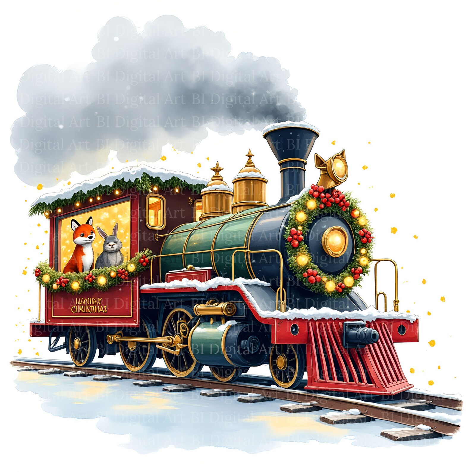 Christmas Locomotive Clipart Set - 11 Watercolor Illustrations of Train ...
