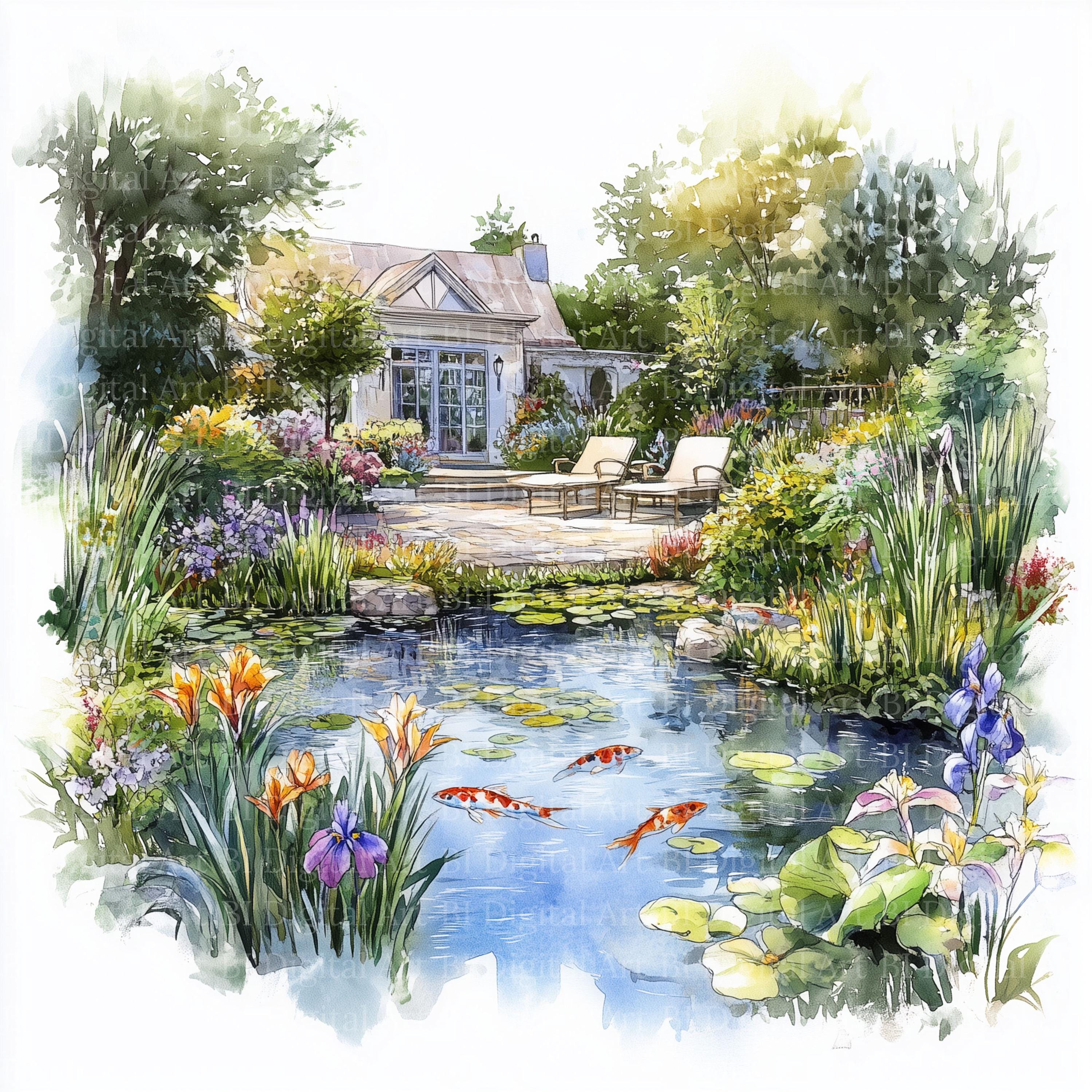 Garden Pond With Bridge and Terrace – 10 Garden Cliparts With Pond ...