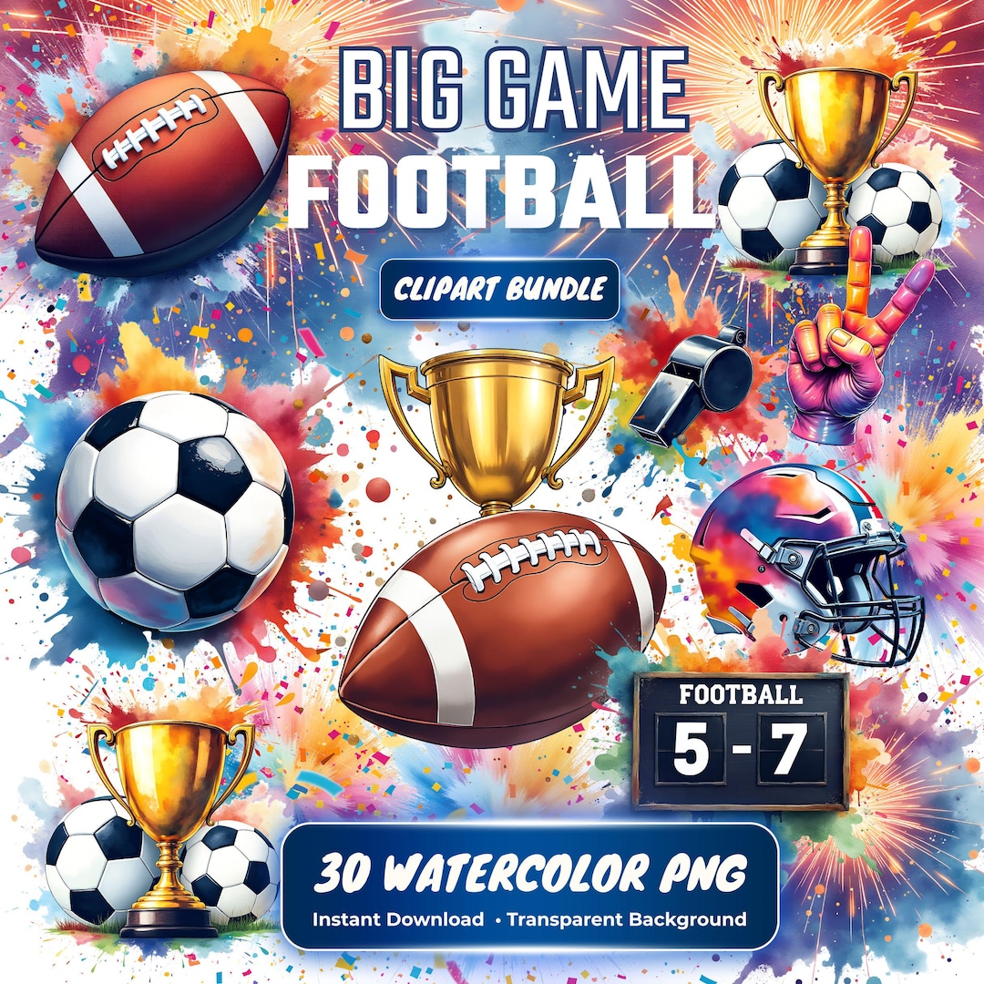 Football Clipart Bundle, 30 Watercolor PNG & JPG, Sports Graphics Kit ...