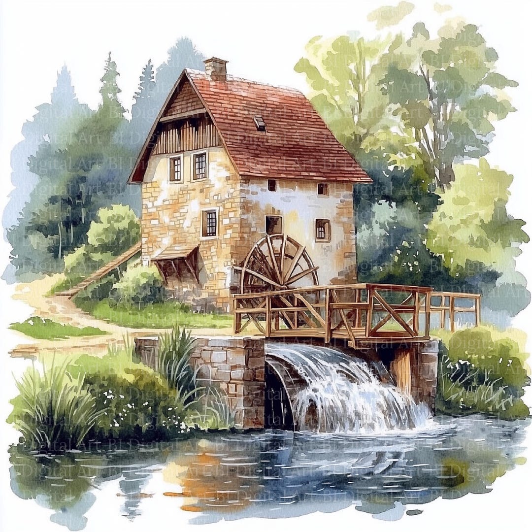 10 Watercolor Watermill Clipart, Landscape & Nature Illustrations ...