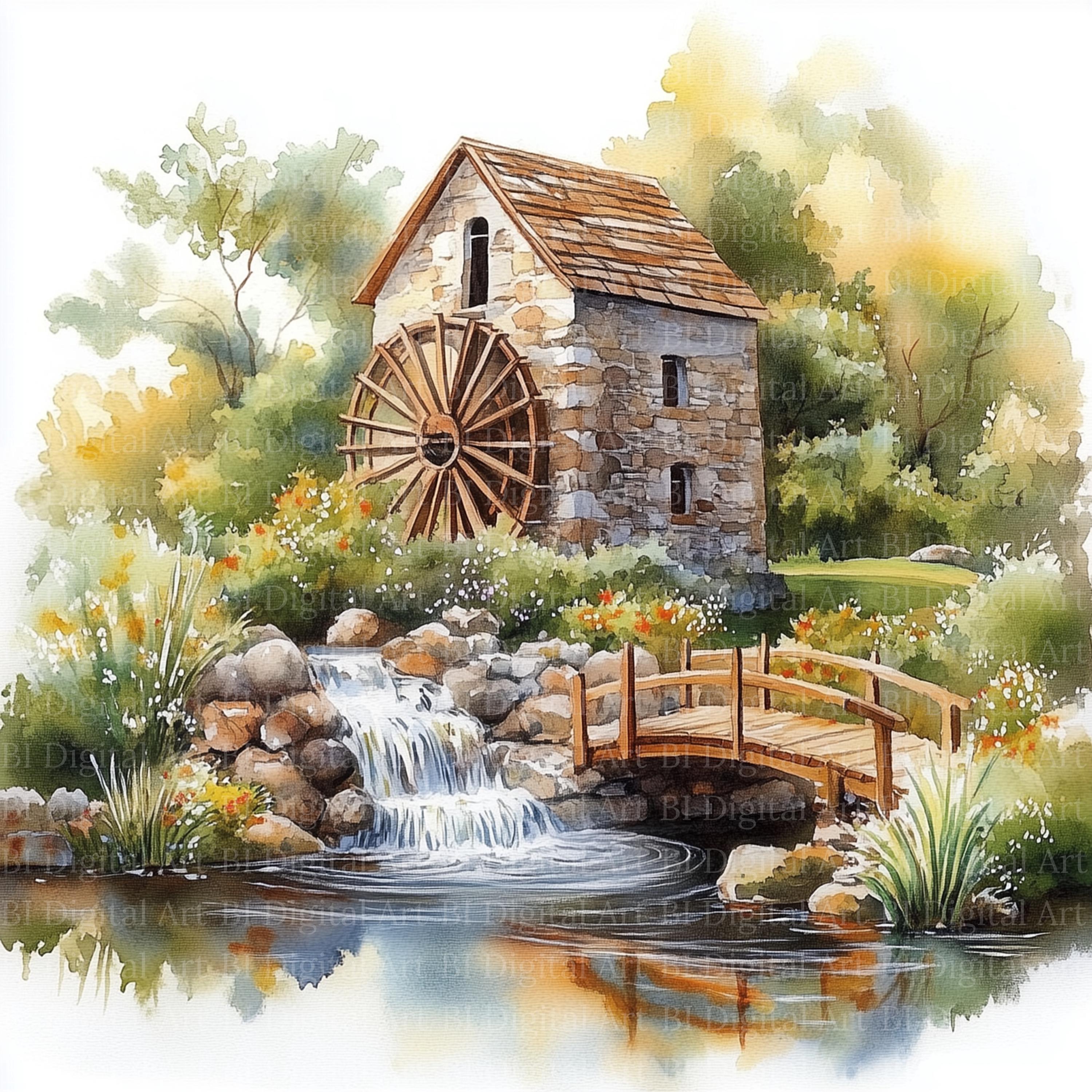 10 Watercolor Watermill Clipart, Landscape & Nature Illustrations ...