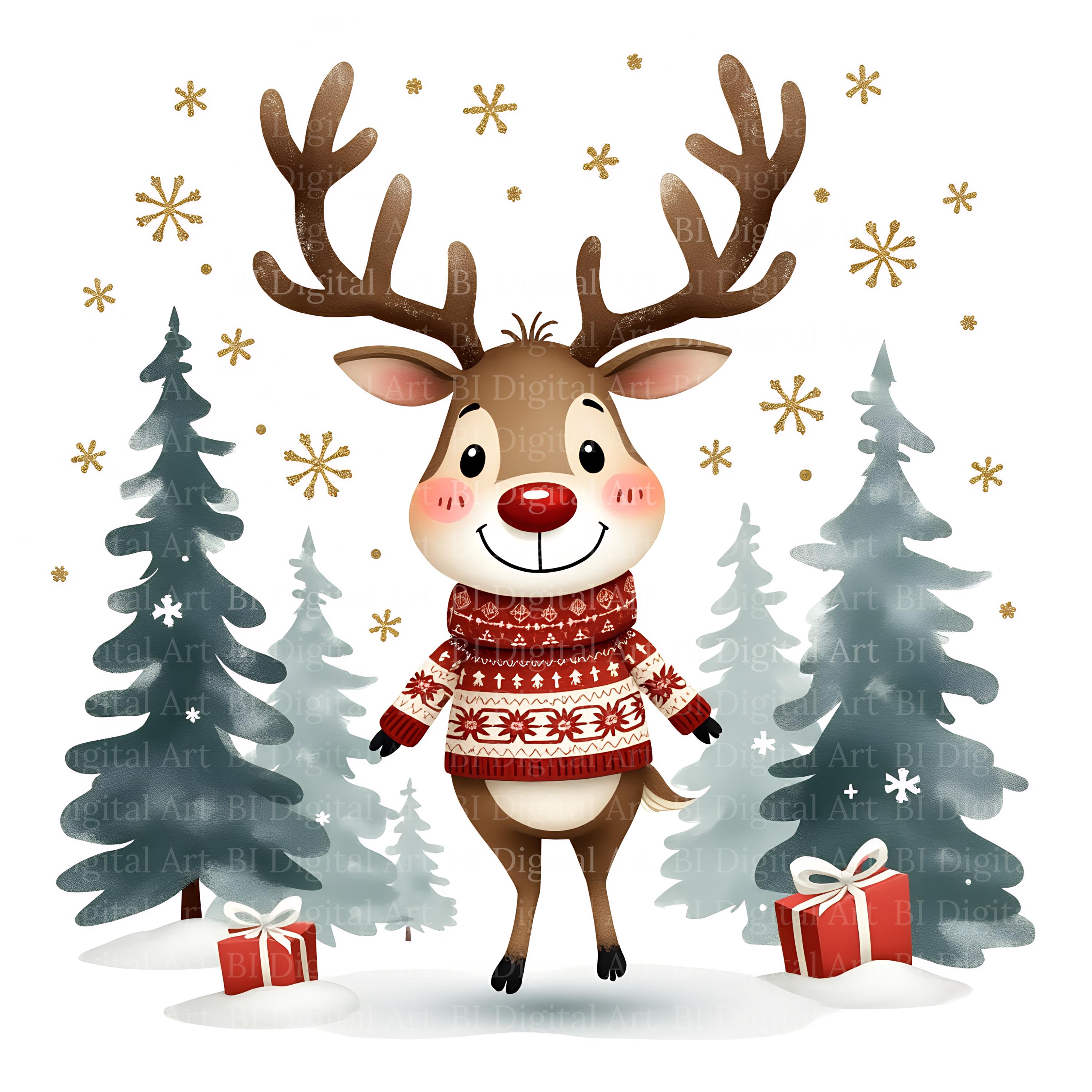 10 Happy Christmas Deer Cliparts, Watercolor Winter Reindeer ...