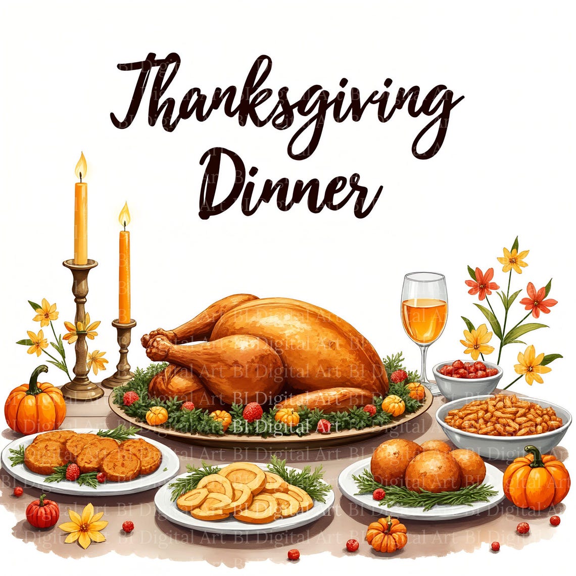 10 Thanksgiving Dinner Cliparts, Watercolor Autumn Feast Illustrations ...
