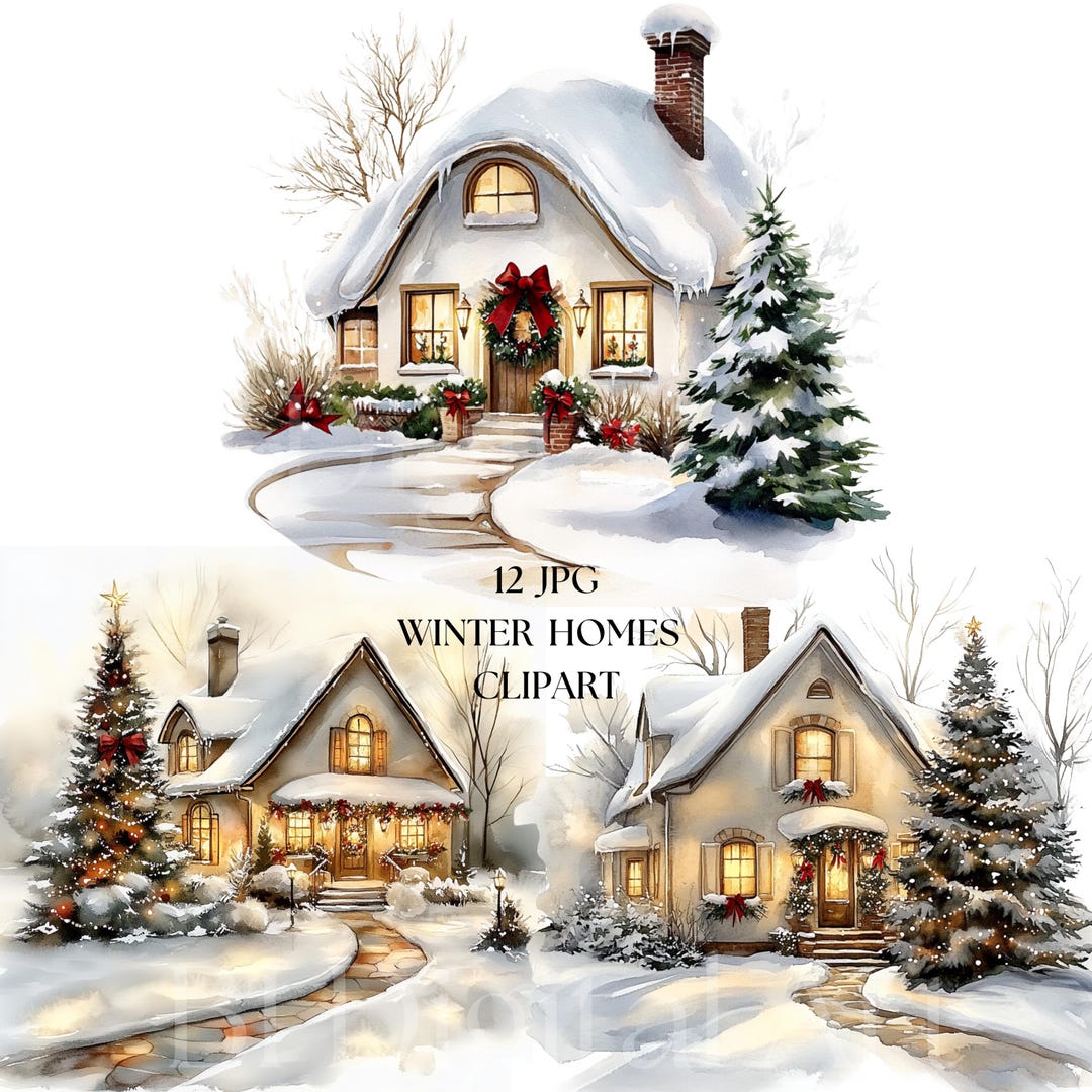 12 Winter House Clipart, Watercolor Winter Homes Clipart, Christmas ...