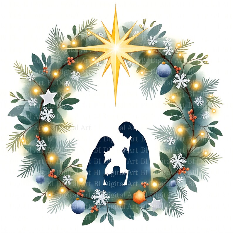 10 Nativity Christmas Wreath Cliparts – Watercolor Illustrations With ...