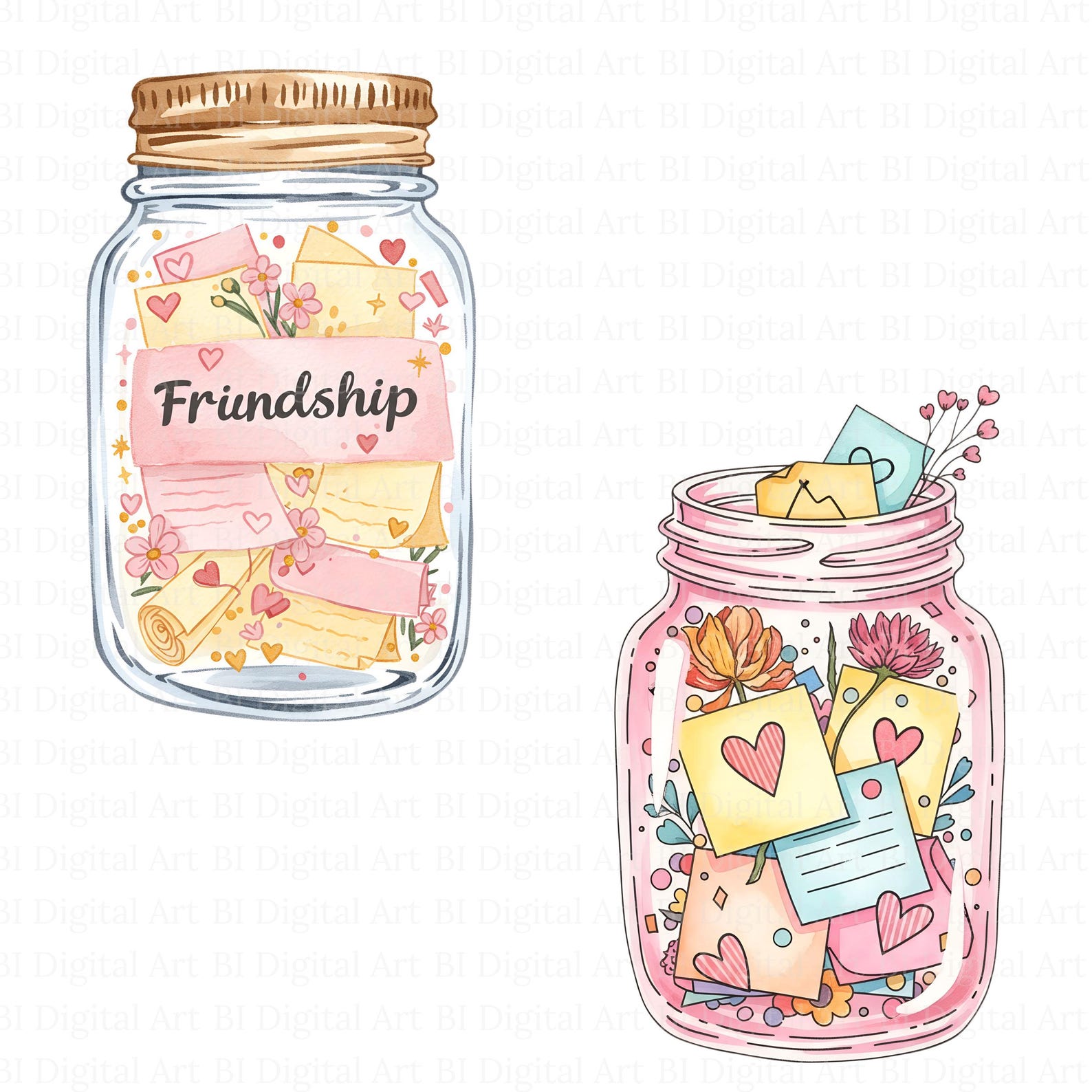 12 Friendship Jar Cliparts – Watercolor Notes & Hearts in a Glass Jar ...