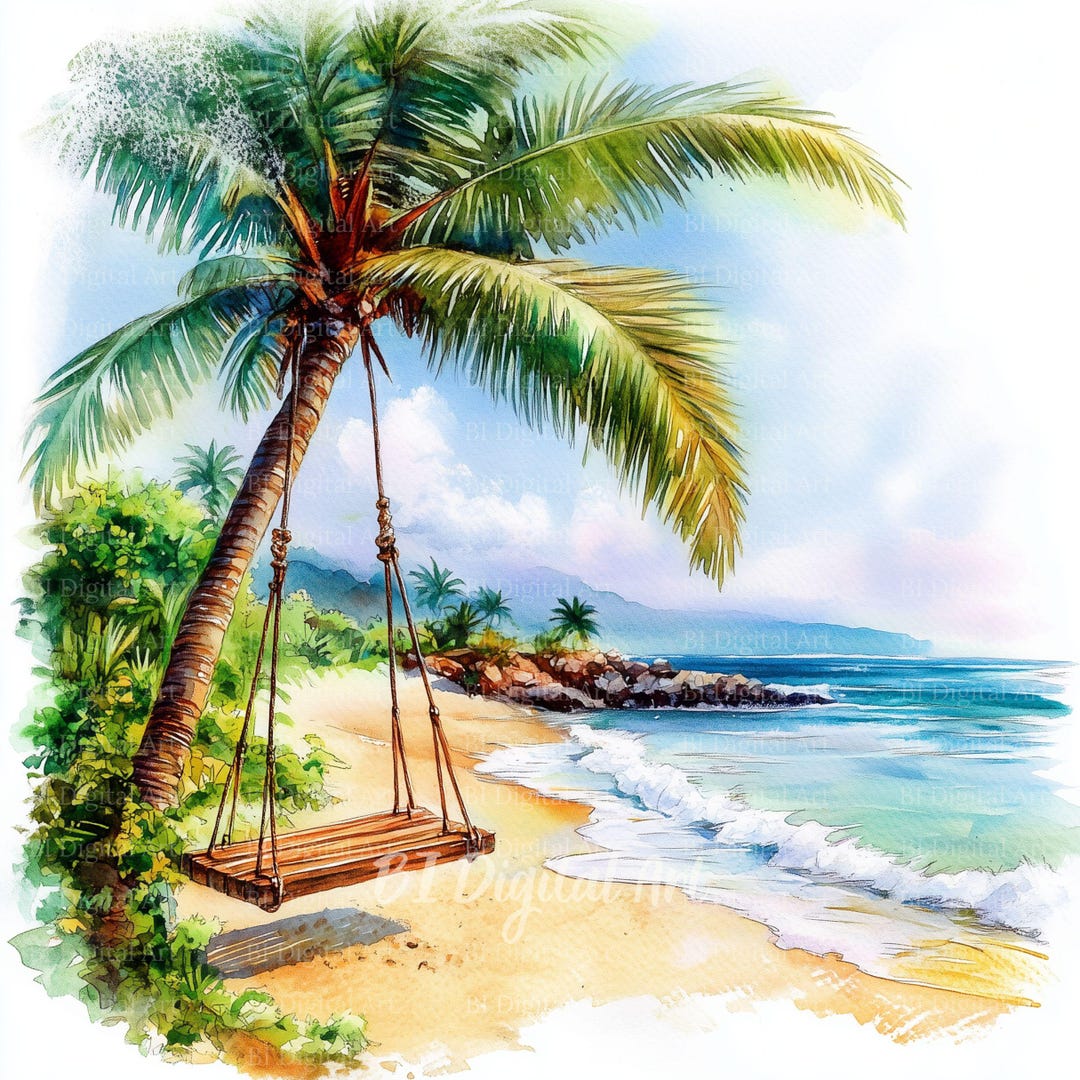10 Tropical Beach Clipart – Watercolor Palm Beach - Ocean Scenes With ...