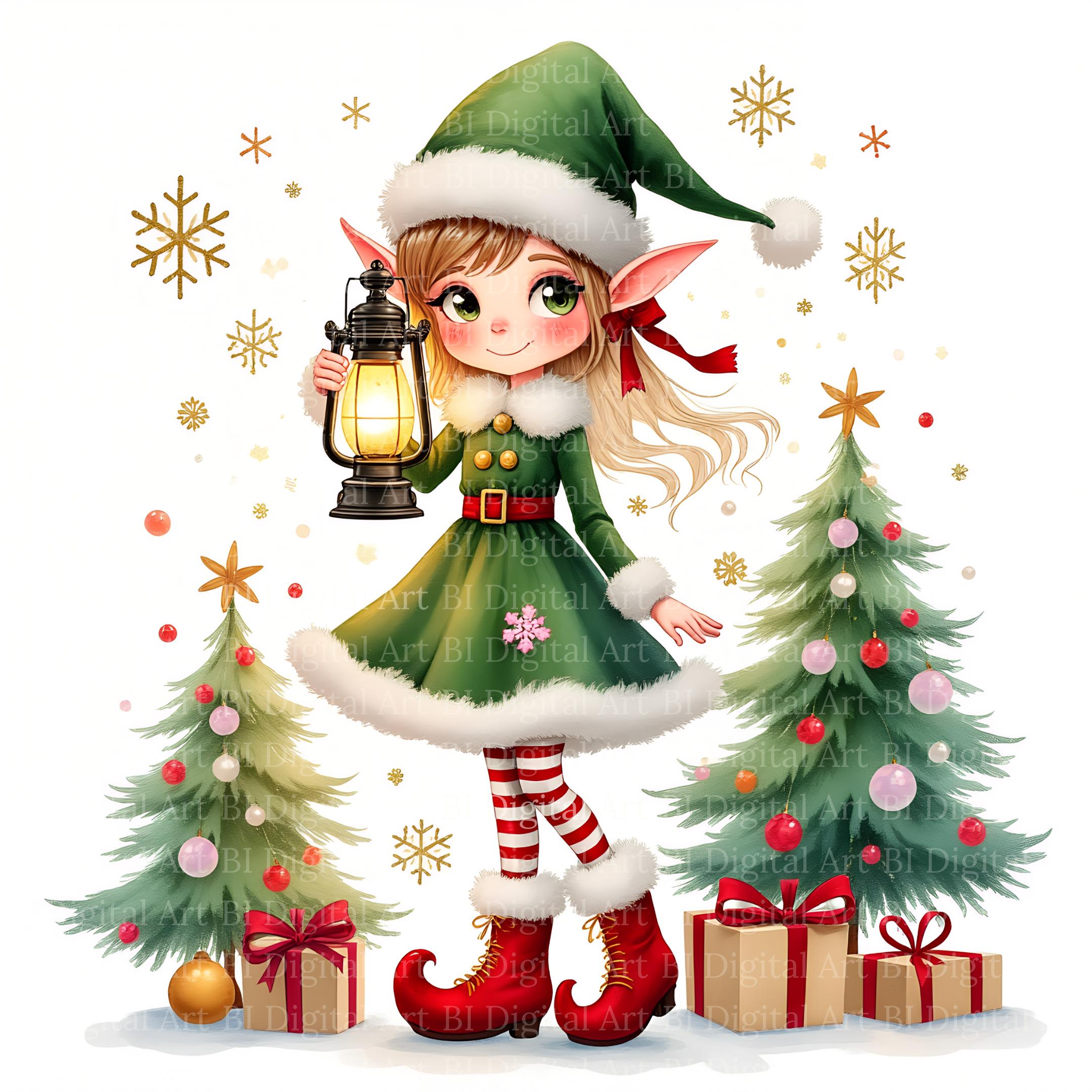 14 Christmas Elf Girl Cliparts – Cute Holiday Elves With Lanterns ...