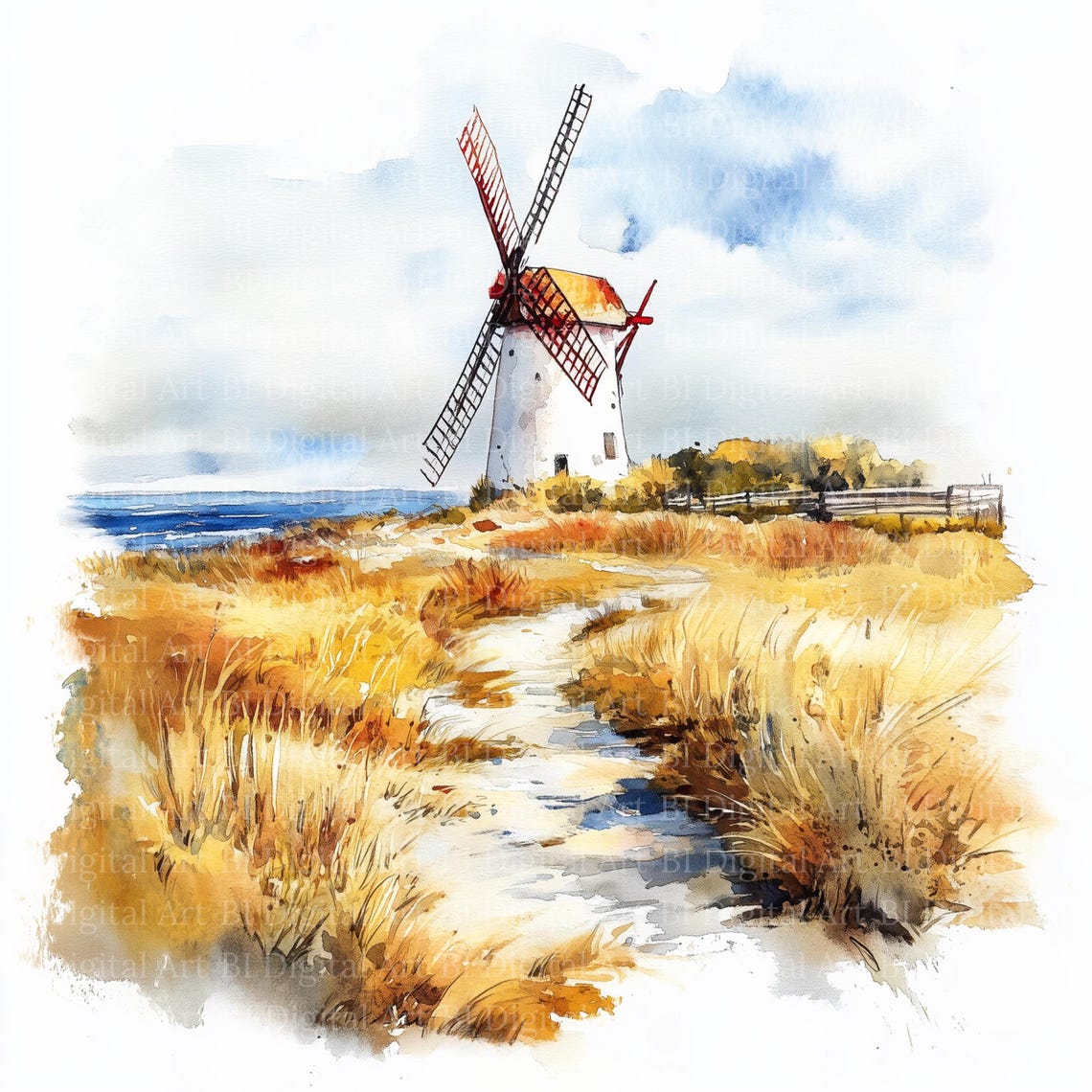 10 Windmills by the Sea, White Windmill - Watercolor Clipart, Landscape ...