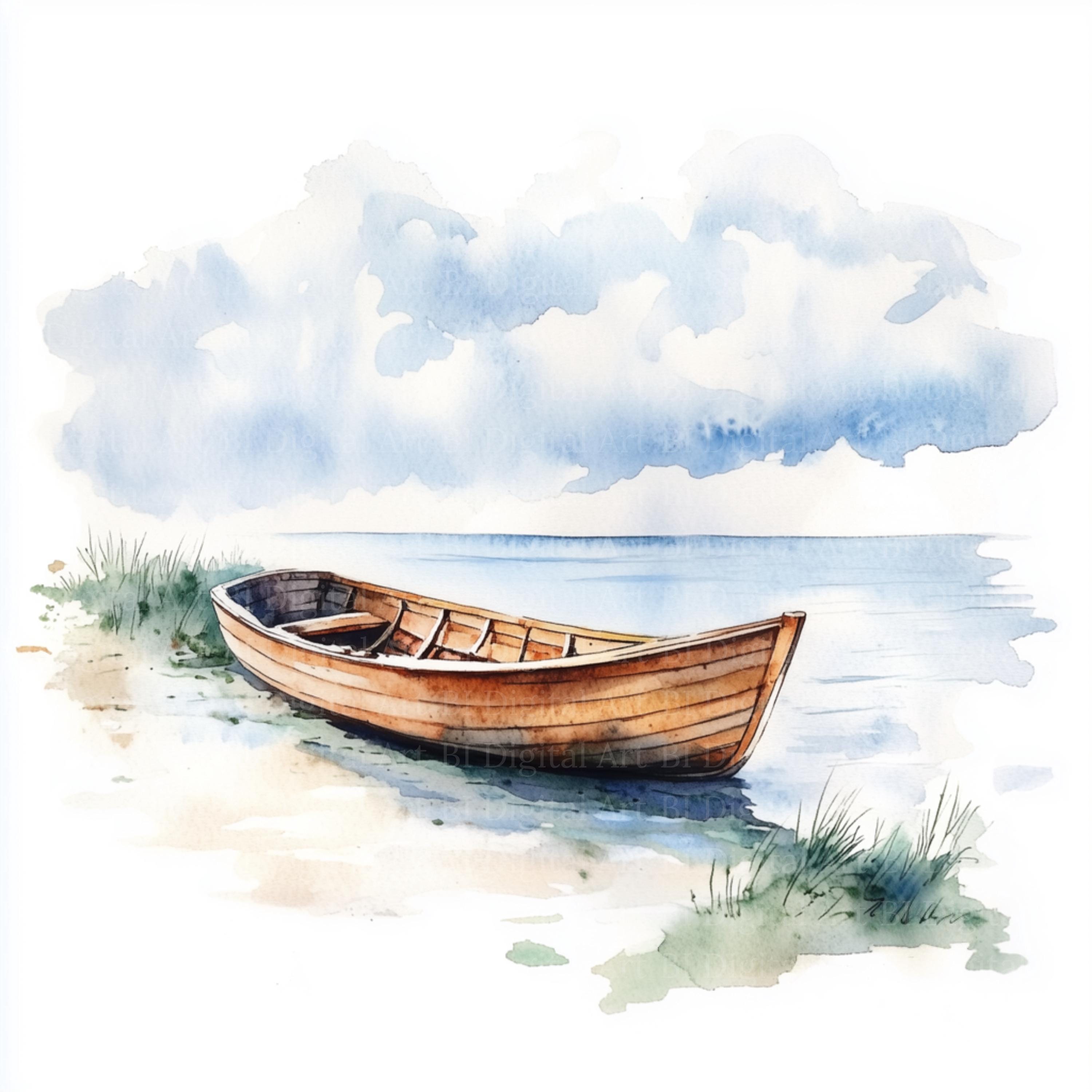 Boat on the Beach Clipart, 10 Printable Watercolor Images, Old Boat ...
