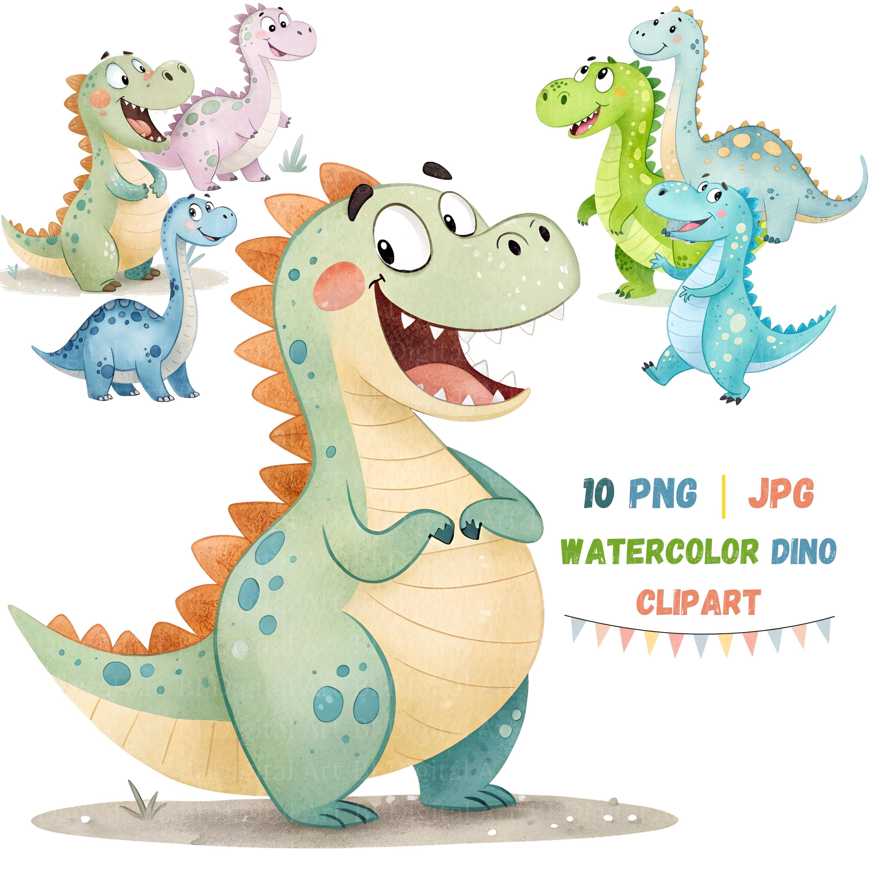 10 Dinosaur Clipart in Cartoon Style, Dino Clipart Watercolor, PNG JPG ...