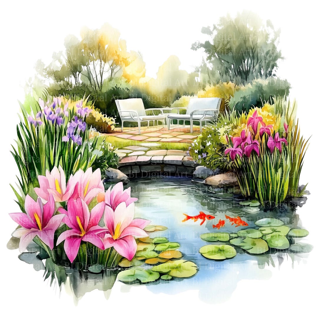 8 Pond With Water Lilies Clipart – Watercolor Garden Ponds Landscapes ...