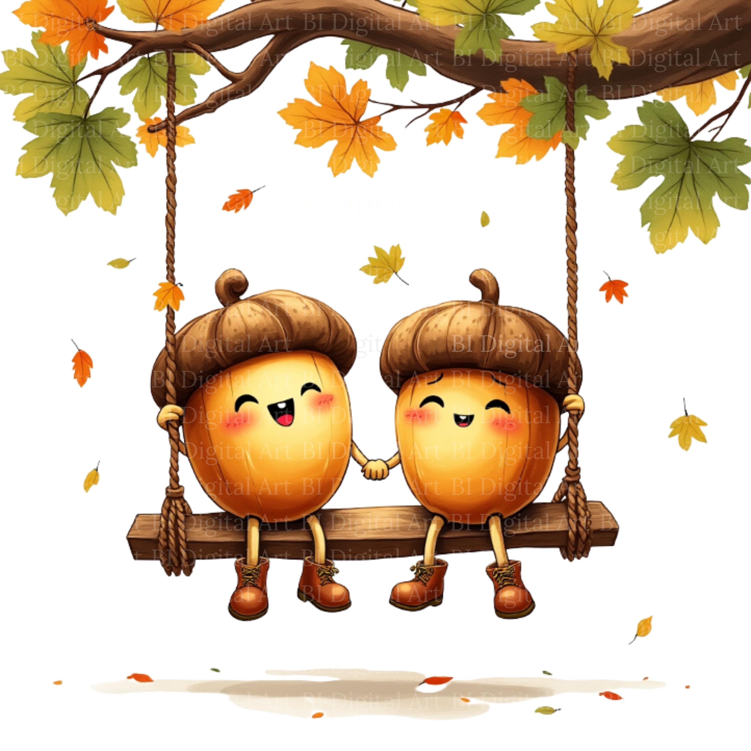 10 Funny Acorns Cliparts, Watercolor Autumn Acorn Illustrations, PNG ...