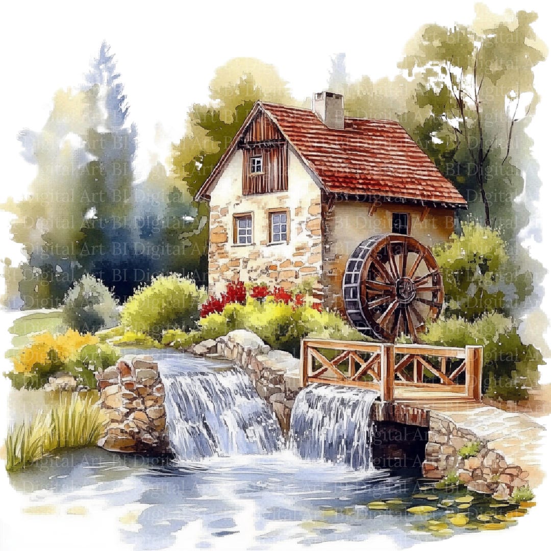 10 Watermill Watercolor Clipart, Landscape & Nature Illustrations ...