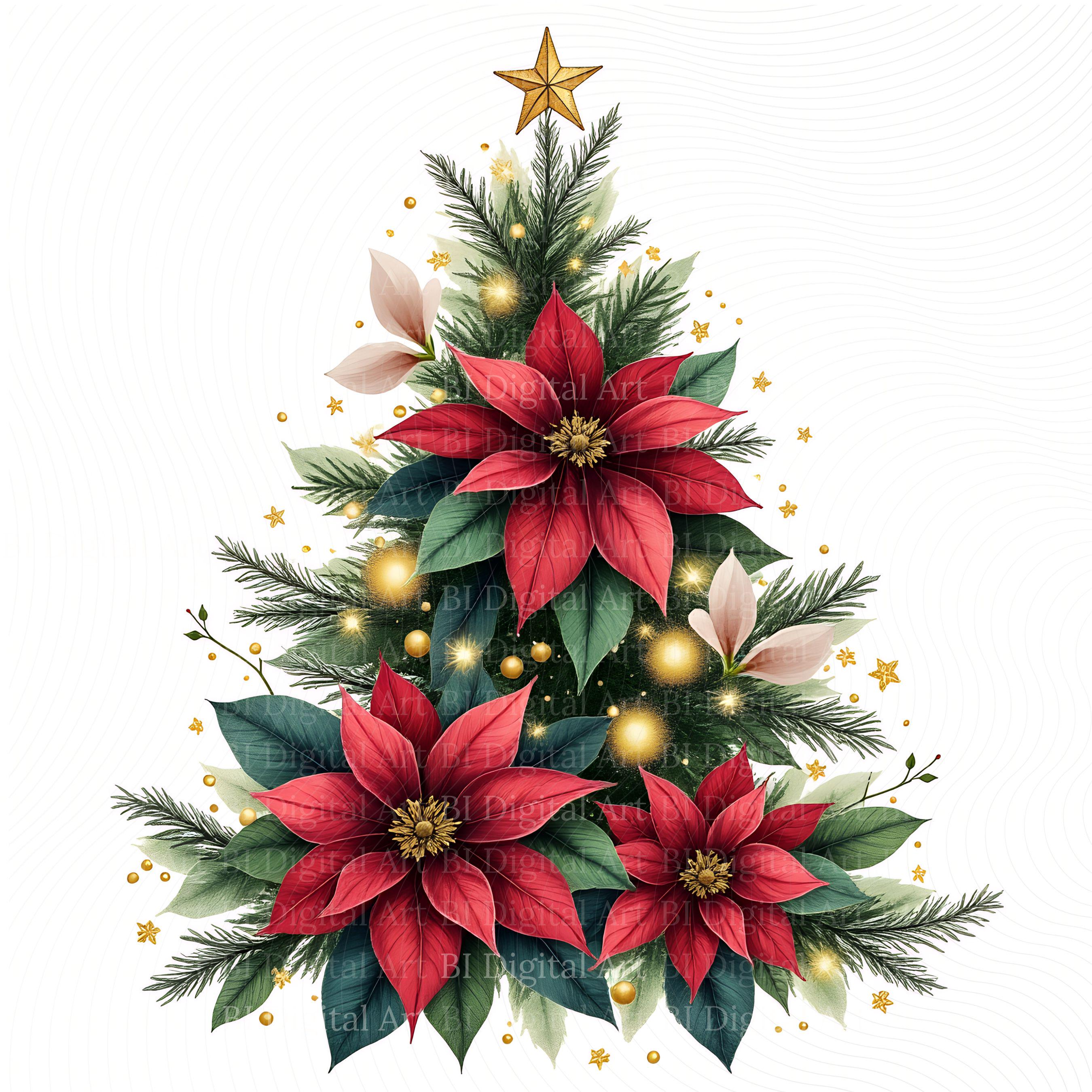 16 Christmas Tree Cliparts With Poinsettia Flowers & Sparkling Lights ...