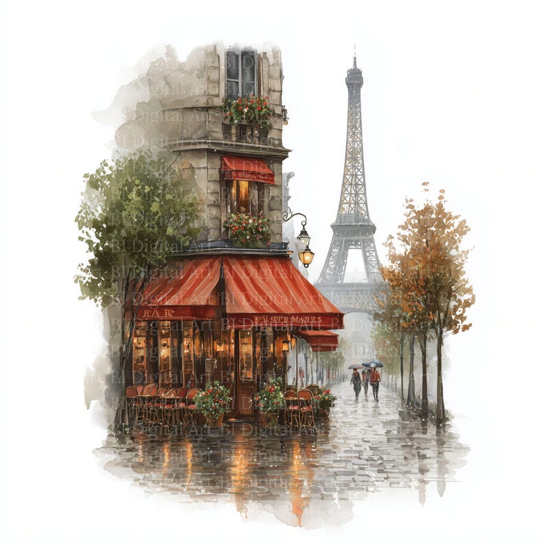 7 Paris Rain Café Cliparts, Eiffel Tower Illustrations, Watercolor ...