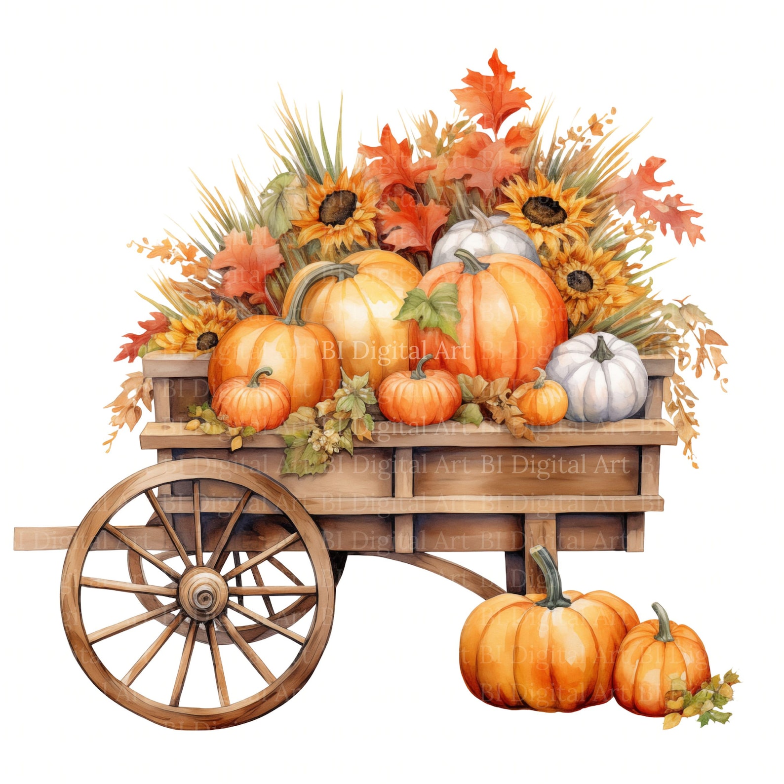 10 Autumn Harvest Cliparts, Watercolor Wooden Cart & Pumpkins, Fall ...