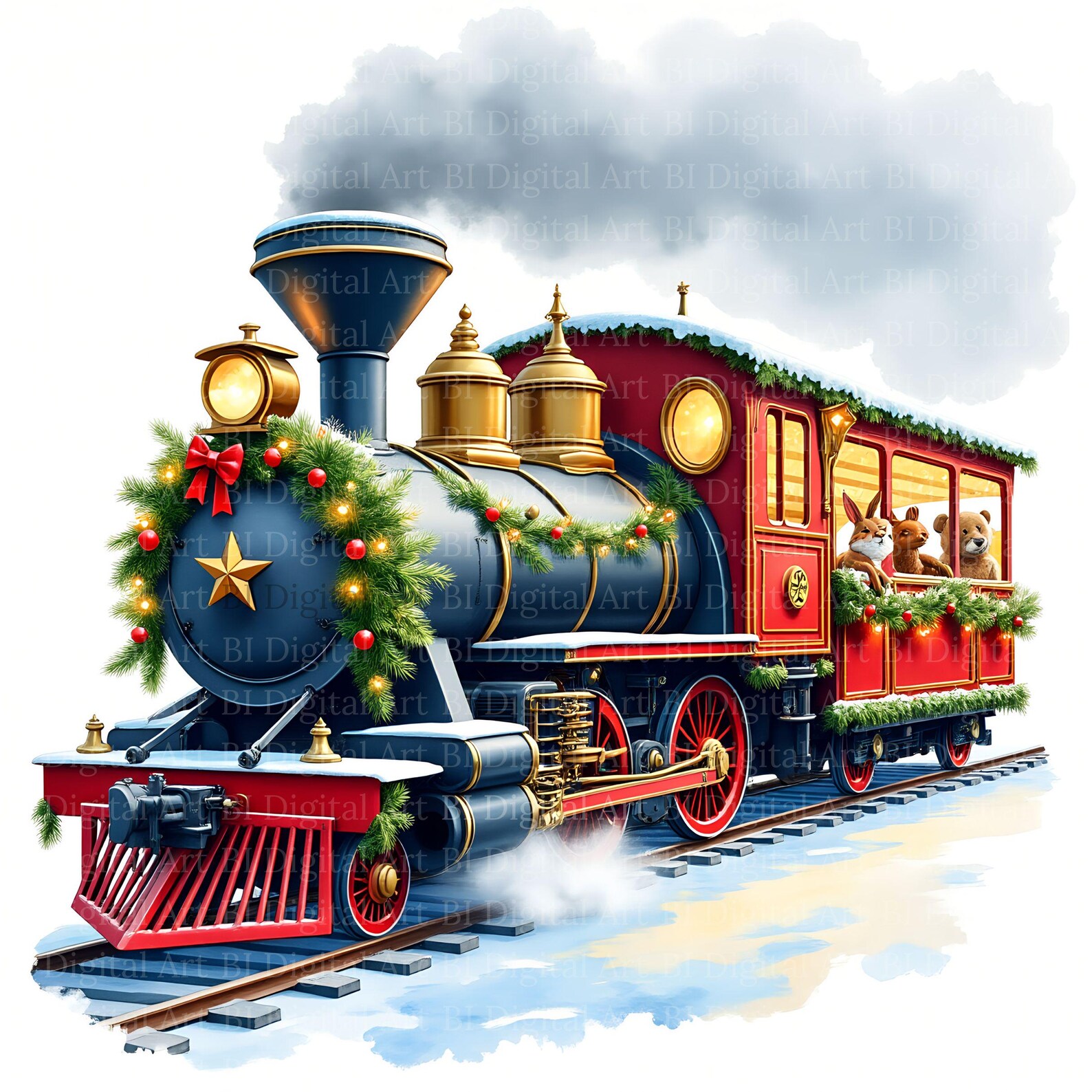 Christmas Locomotive Clipart Set - 11 Watercolor Illustrations of Train ...