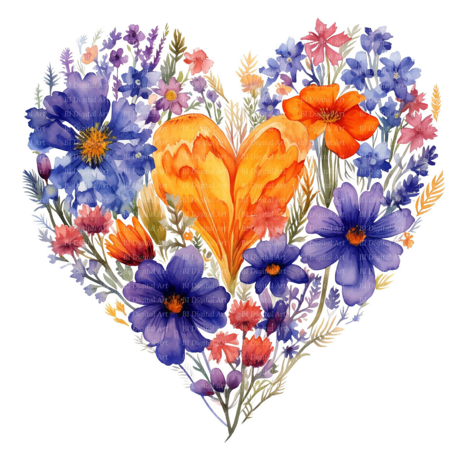 10 Wildflower Heart Cliparts, Watercolor Floral Heart Illustrations ...