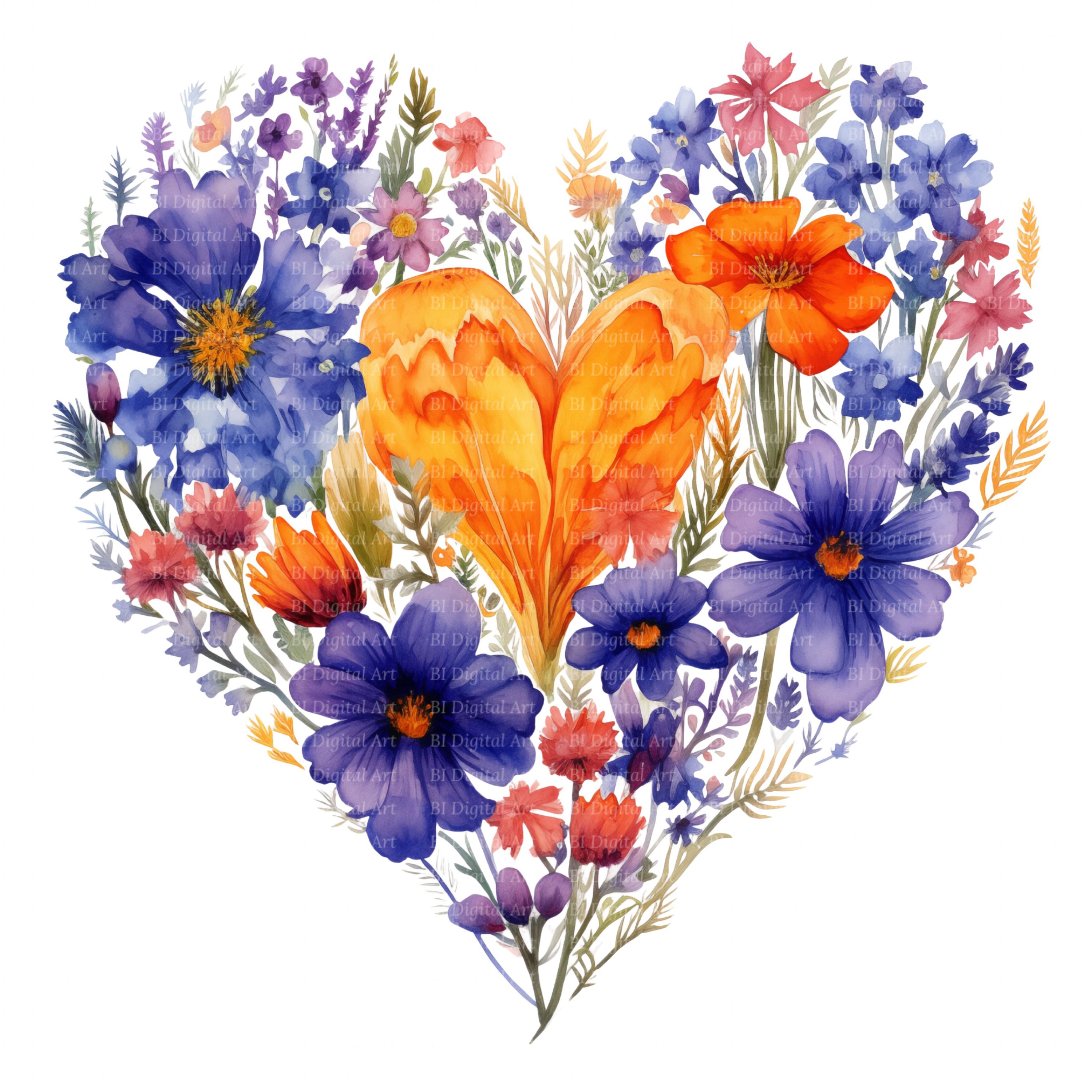 10 Wildflower Heart Cliparts, Watercolor Floral Heart Illustrations ...